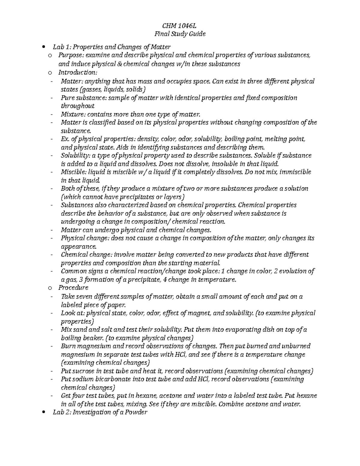 Practicum Study Guide - Final Study Guide Lab 1: Properties and Changes ...
