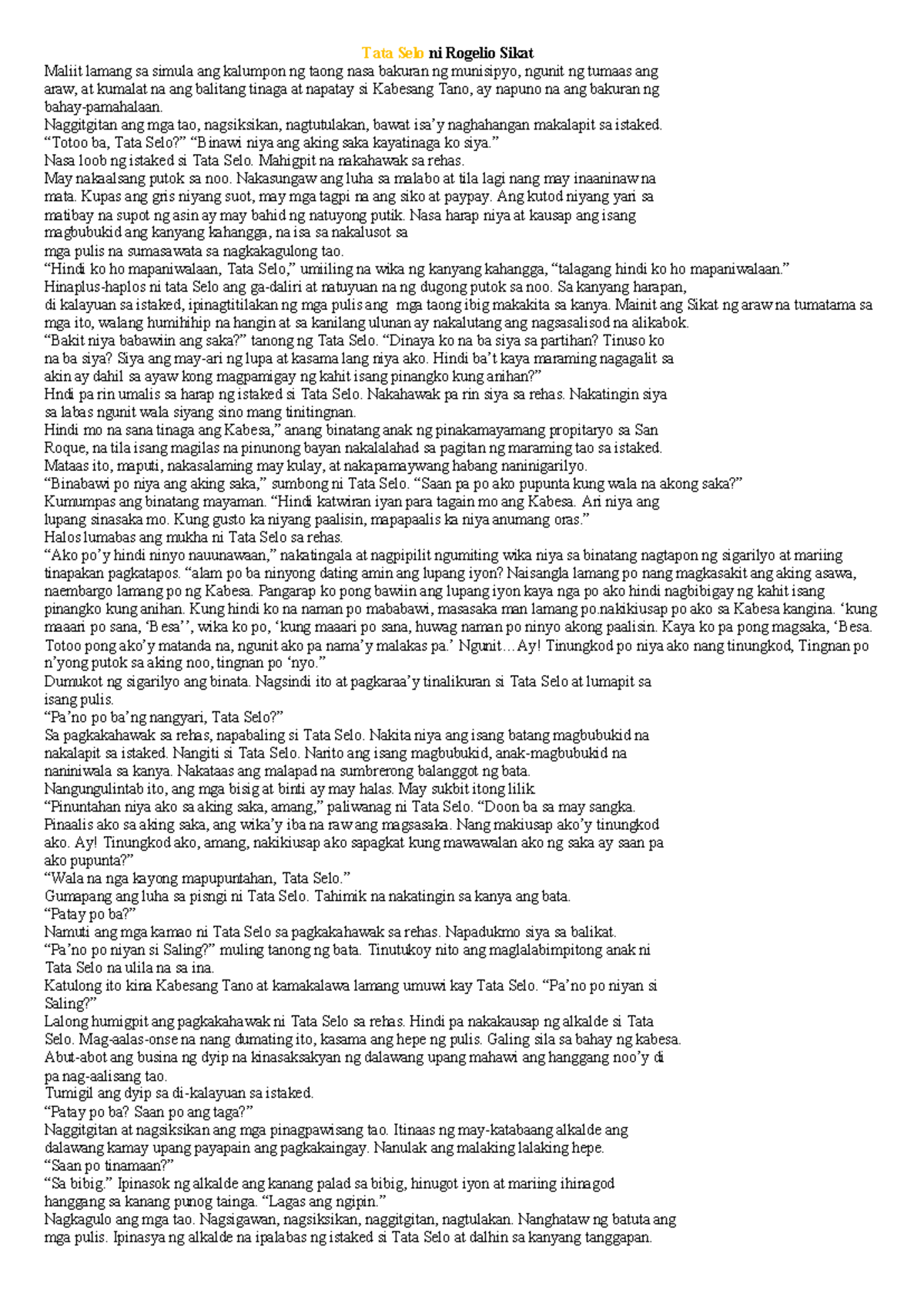 Asean ( Stories & POEM) - Tata Selo ni Rogelio Sikat Maliit lamang sa ...