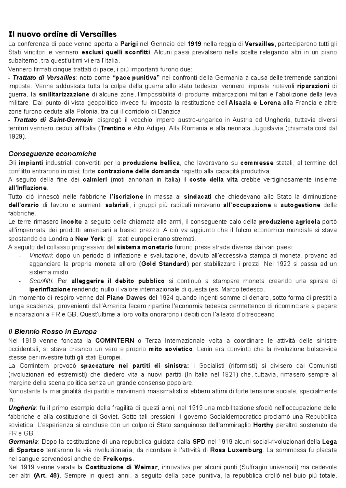 Biennio Rosso - Riassunto Storia Contemporanea - Il nuovo ordine di ...