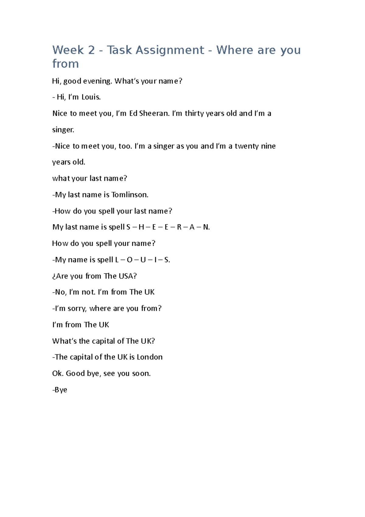 Week 2 - Task Assignment - Where are you from - What’s your name? Hi, I ...