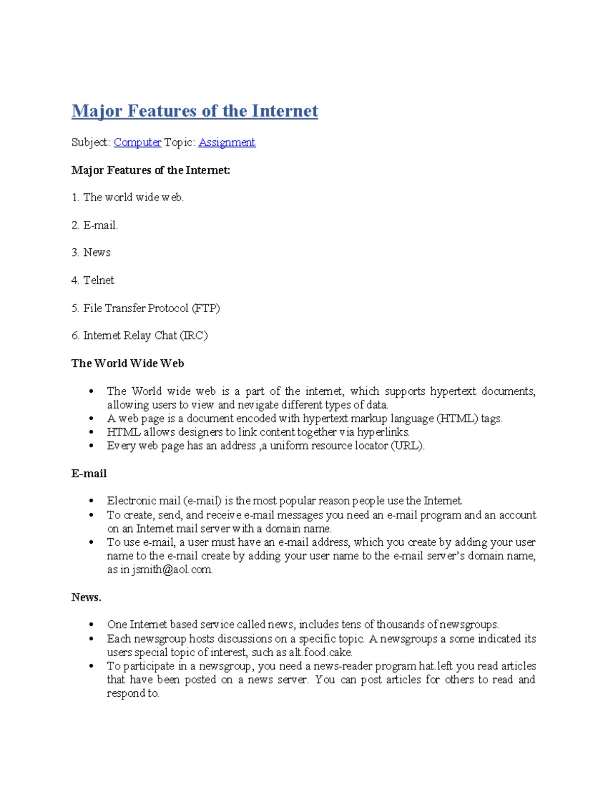 ICT Course WORK - Main Components Of IC - Major Features of the ...