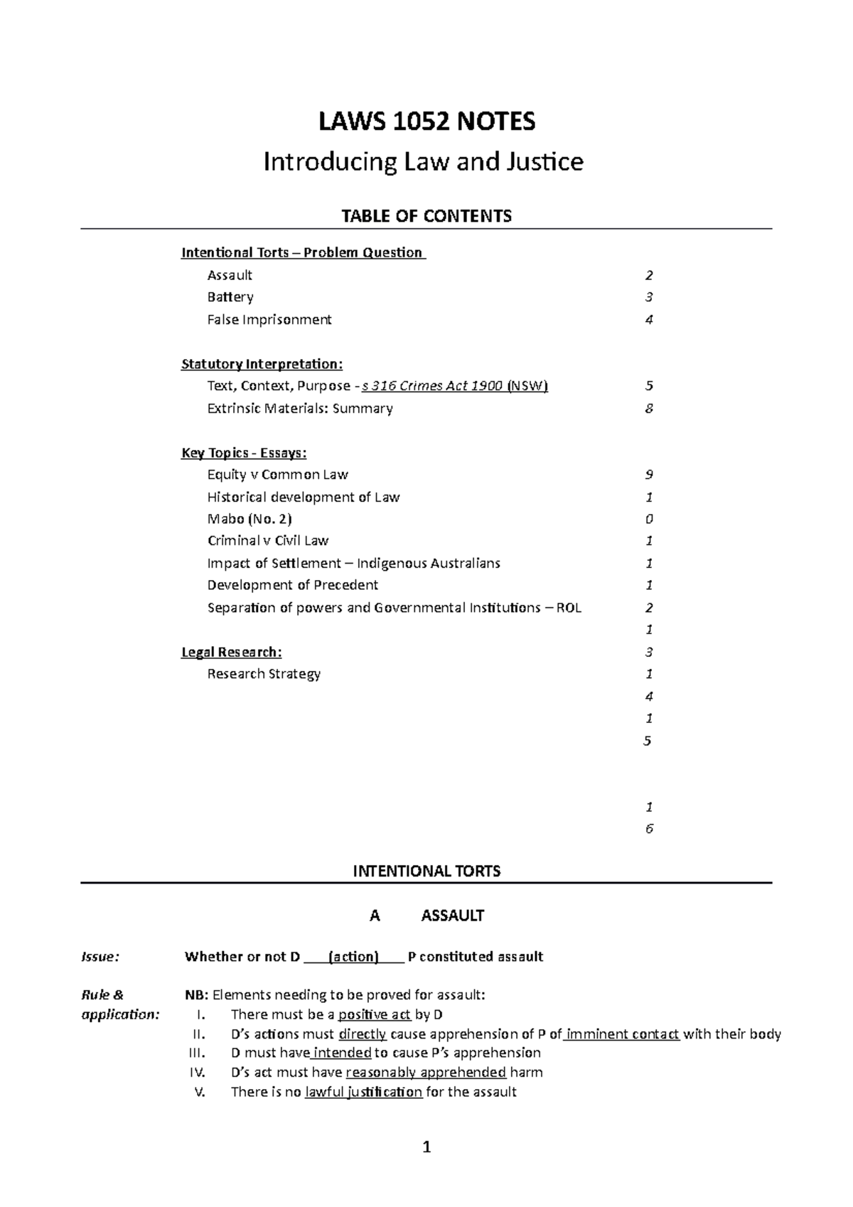 Final Exam Notes - LAWS 1052 NOTES Introducing Law and Jusice TABLE OF ...