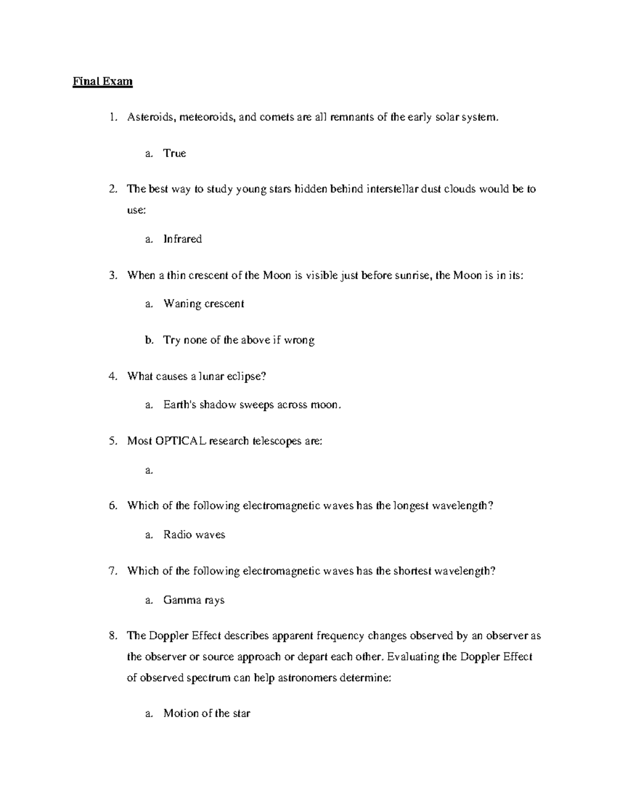 Final Exam Guide - Final Exam Asteroids, meteoroids, and comets are all ...