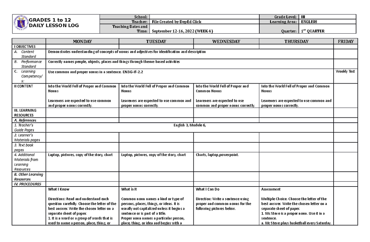 DLL English 3 Q1 W4 - nothing much - GRADES 1 to 12 DAILY LESSON LOG ...