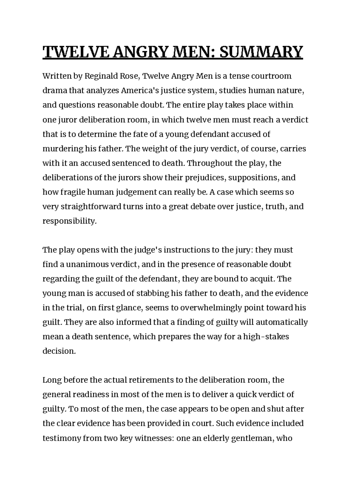 Twelve Angry Men - Book Report - TWELVE ANGRY MEN: SUMMARY Written by ...