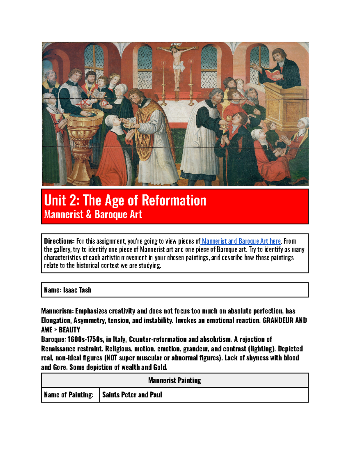 Copy of Unit 2 The Age of Reformation Mannerism Baroque Worksheet ...