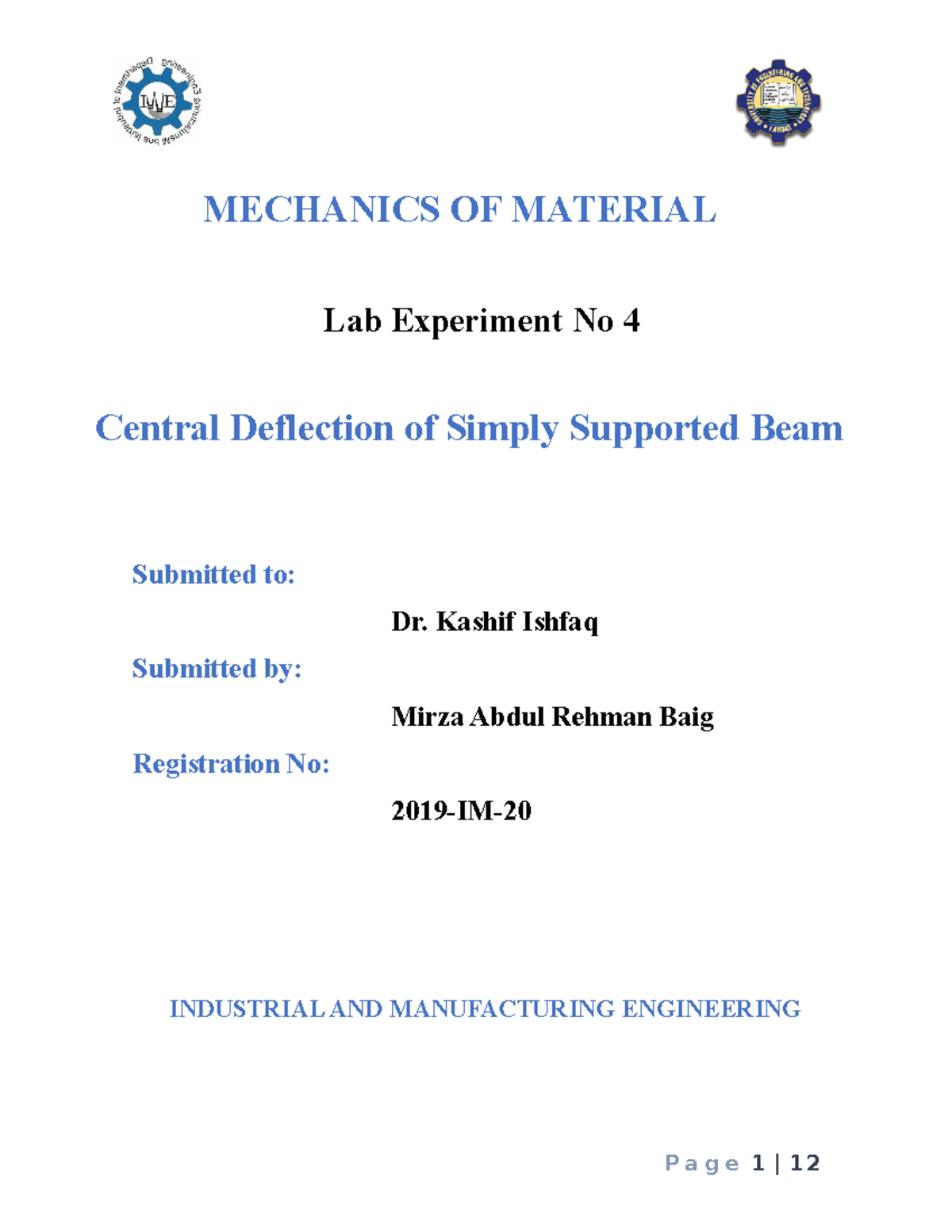 Central Deflection OF Simply Supported BEAM - MECHANICS OF MATERIAL Lab ...
