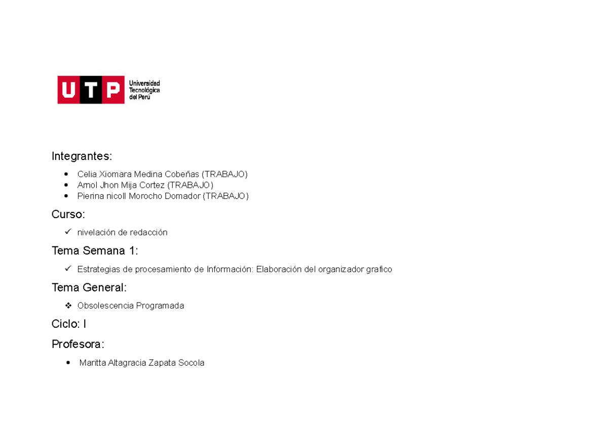 UTP mapa conceptual - tareas resuelta - Integrantes: Celia Xiomara ...