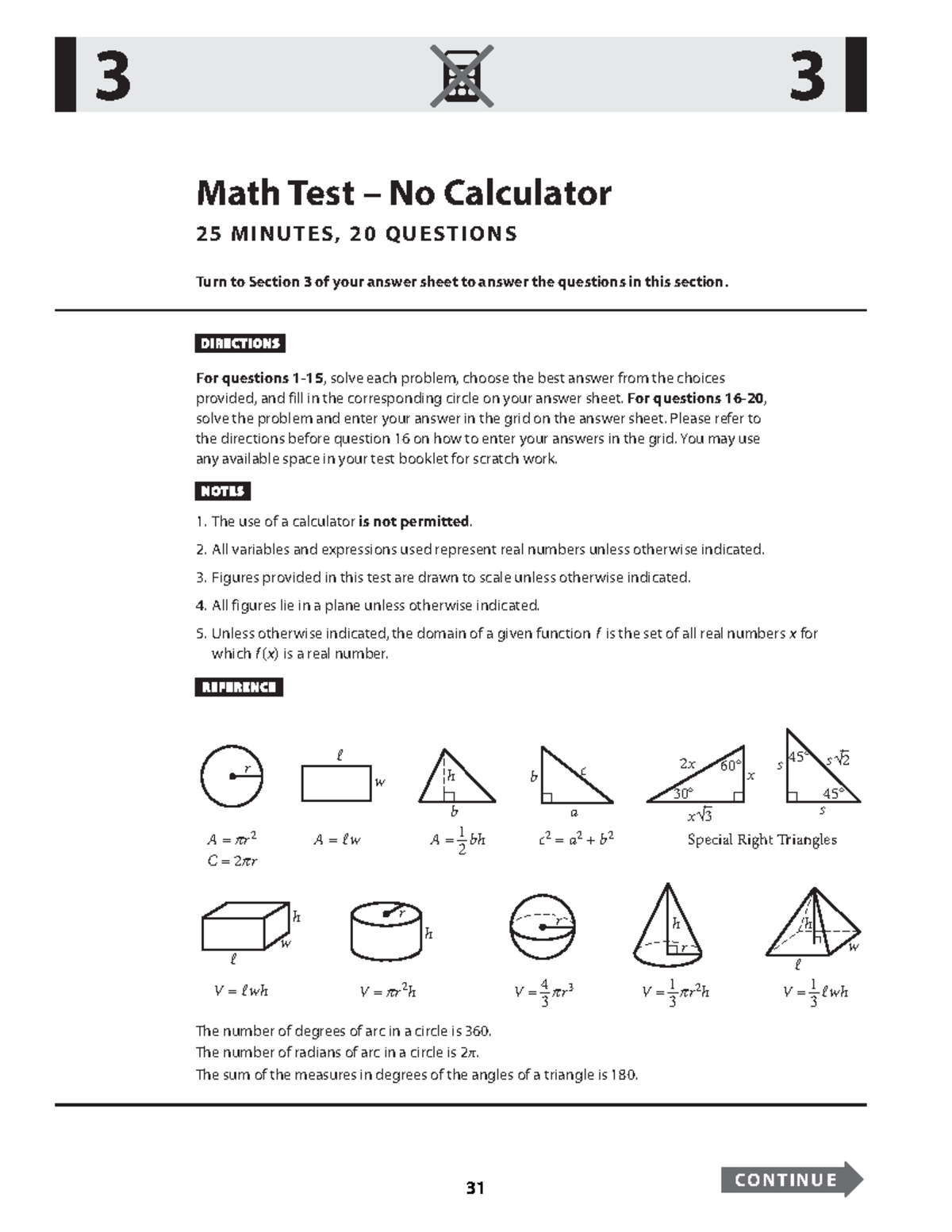 SAT I - ggg - Math Test – No Calculator 25 MINUTES, 20 QUESTIONS Turn ...