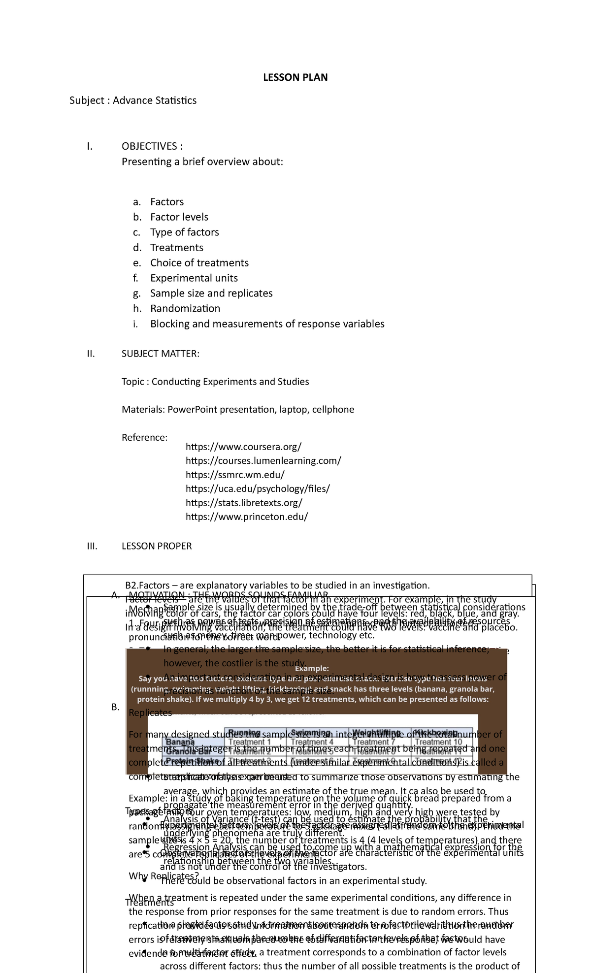 ADV. STAT Lesson PLAN - MATH - LESSON PLAN Subject : Advance Statistics ...