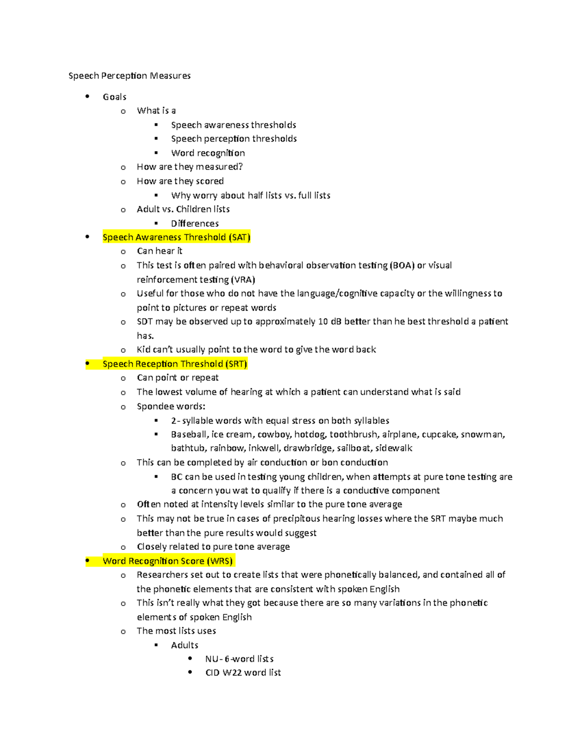Speech Perception - class notes - Speech Perception Measures Goals o ...
