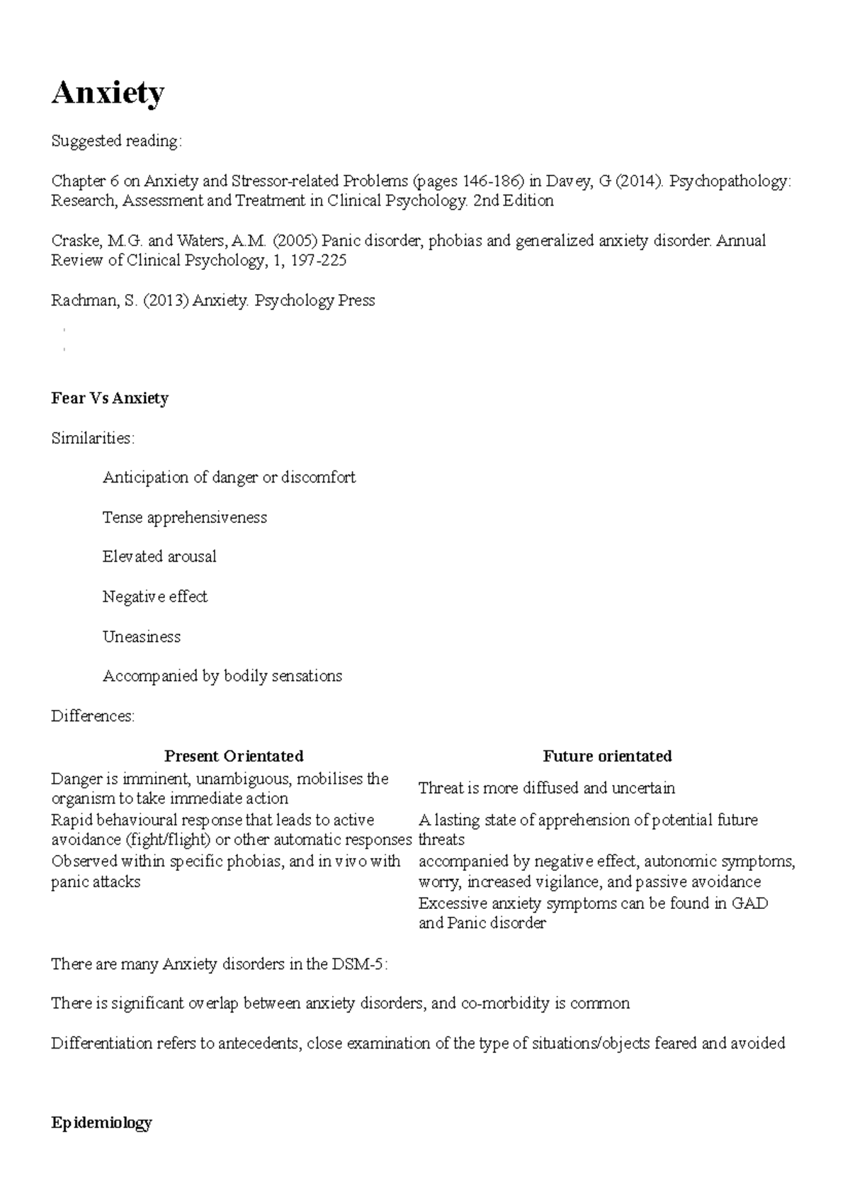 Anxiety Notes Part 1 - Anxiety Suggested reading: Chapter 6 on Anxiety ...