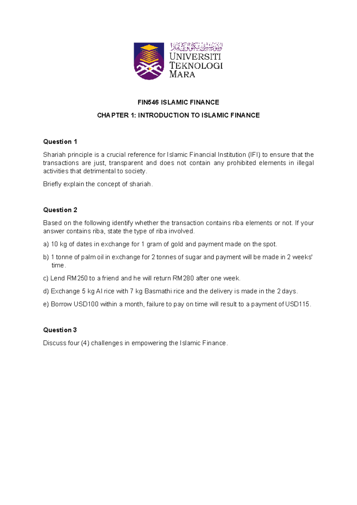 TUTO FIN546 Chapter 1 - FIN546 ISLAMIC FINANCE CHAPTER 1: INTRODUCTION ...