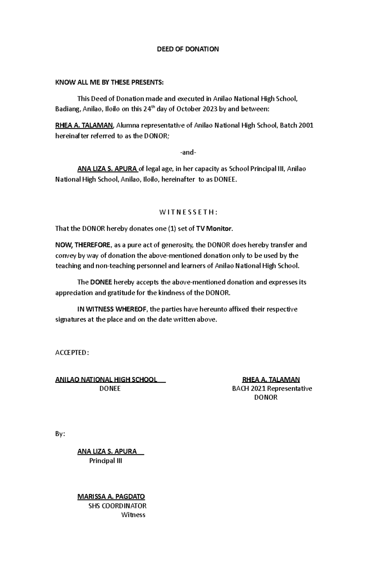 Deed of donation NEW - all - KNOW ALL ME BY THESE PRESENTS: This Deed ...