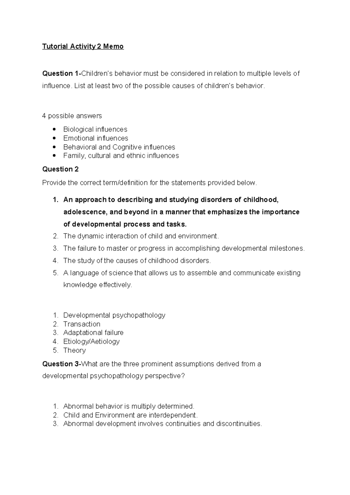 Tutorial Activity 2 memo - Tutorial Activity 2 Memo Question 1-Children’s behavior must be - Studocu
