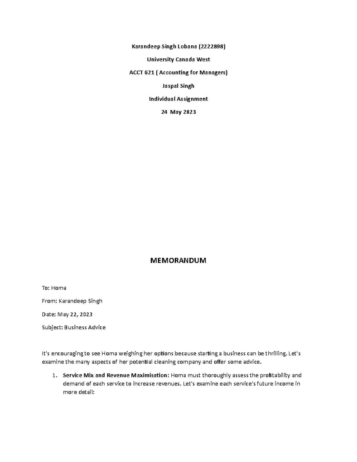 Business memo - It's a individual assignment - Karandeep Singh Lobana ...
