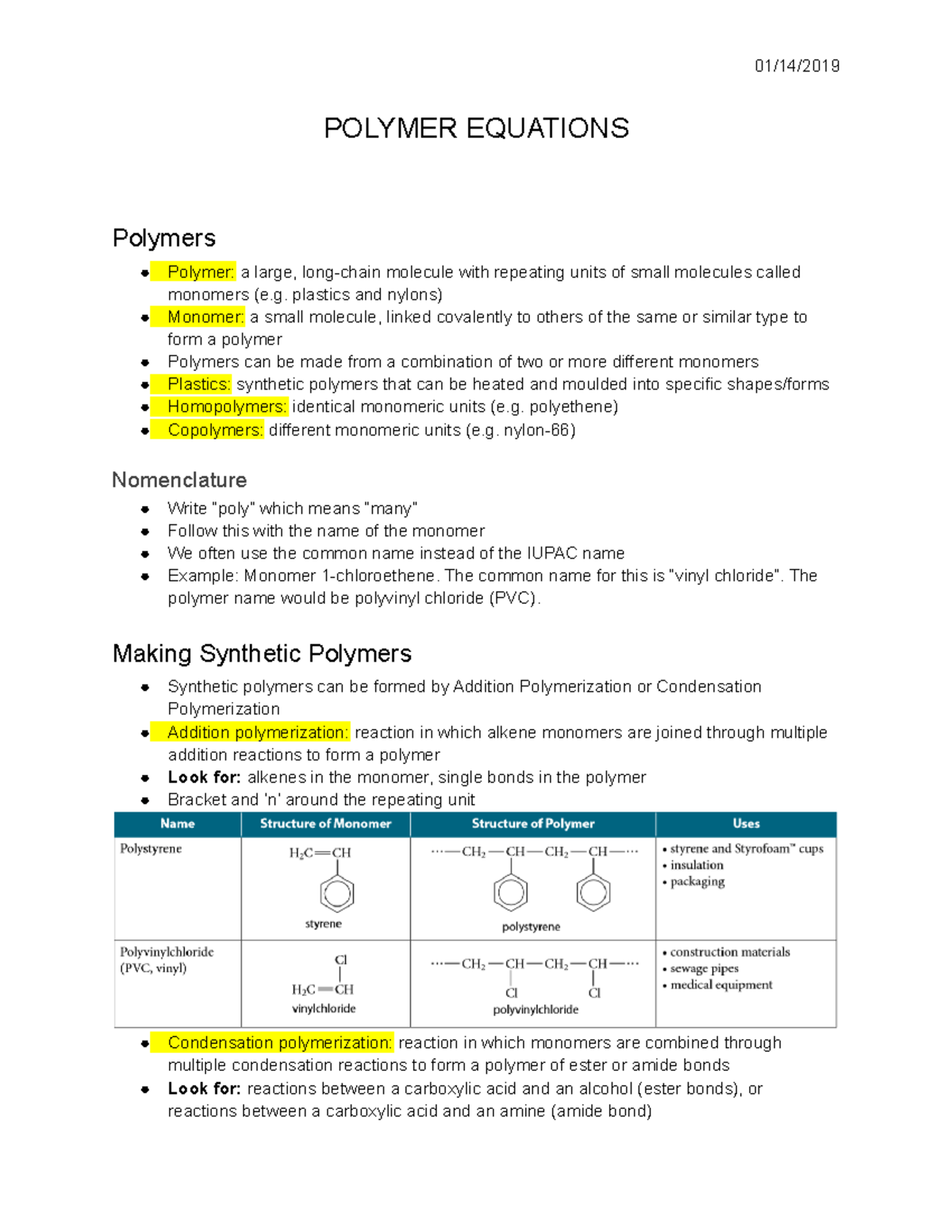 2.2 Polymer Equations - Notes - POLYMER EQUATIONS Polymers Polymer: a ...