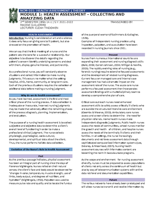 NCM101 - M0 Health Assessment & Steps in Assessment - NCM-101: HEALTH ...