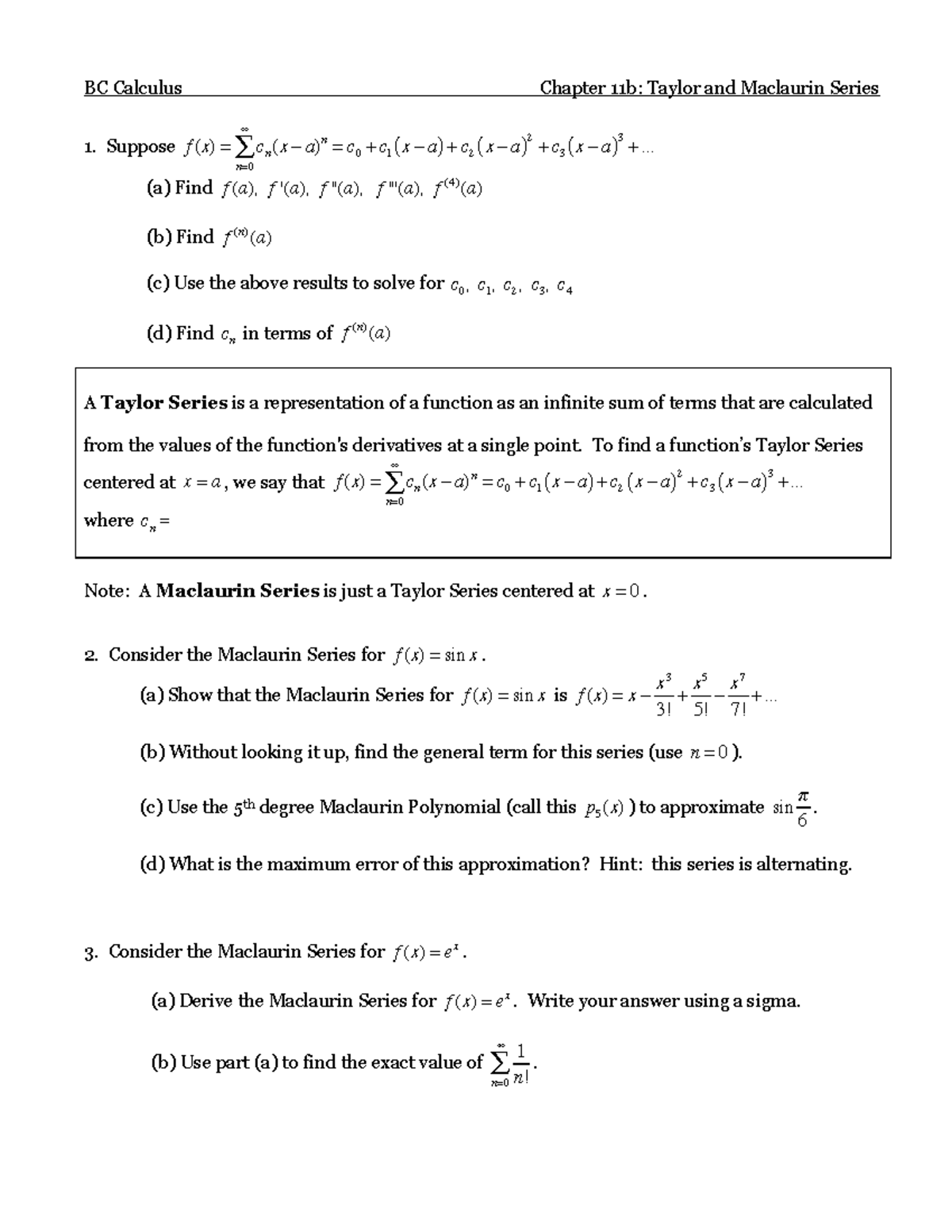 2-Taylor Series - class - BC Calculus Chapter 11b: Taylor and Maclaurin ...