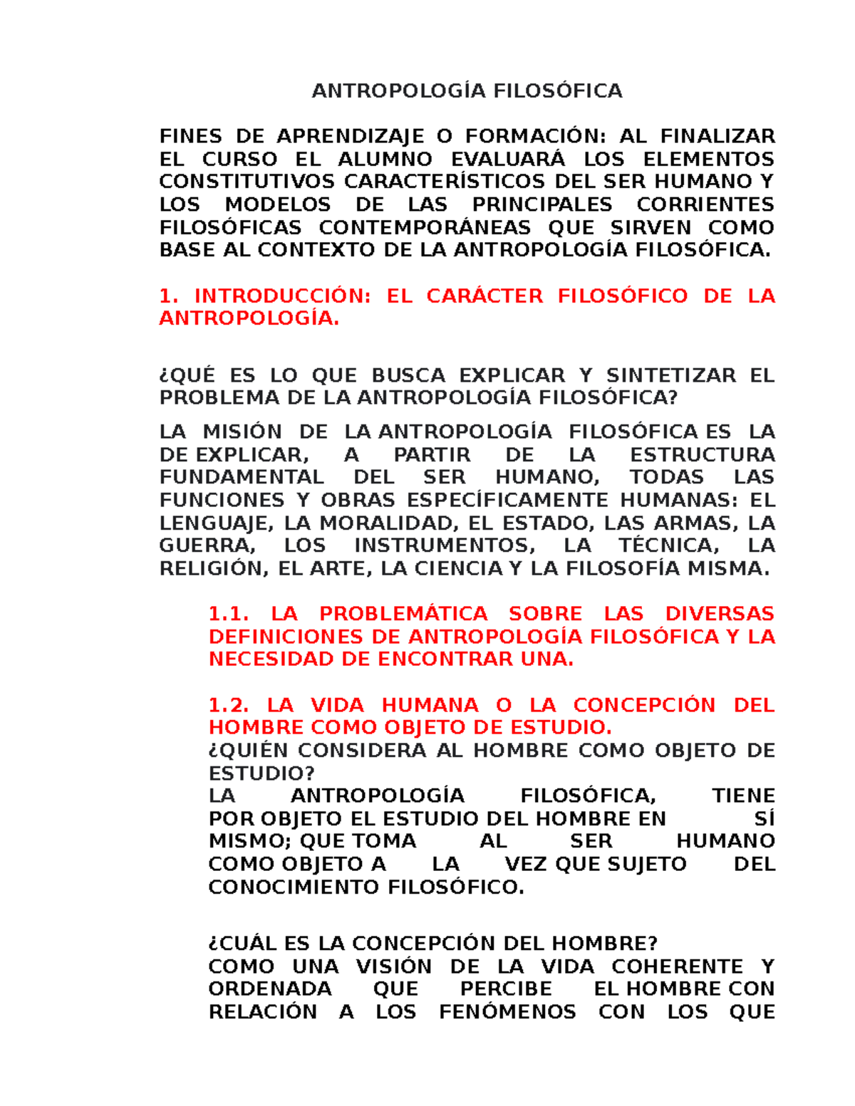 Carácter Filosófico DE LA Antropología - ANTROPOLOGÍA FILOSÓFICA FINES ...
