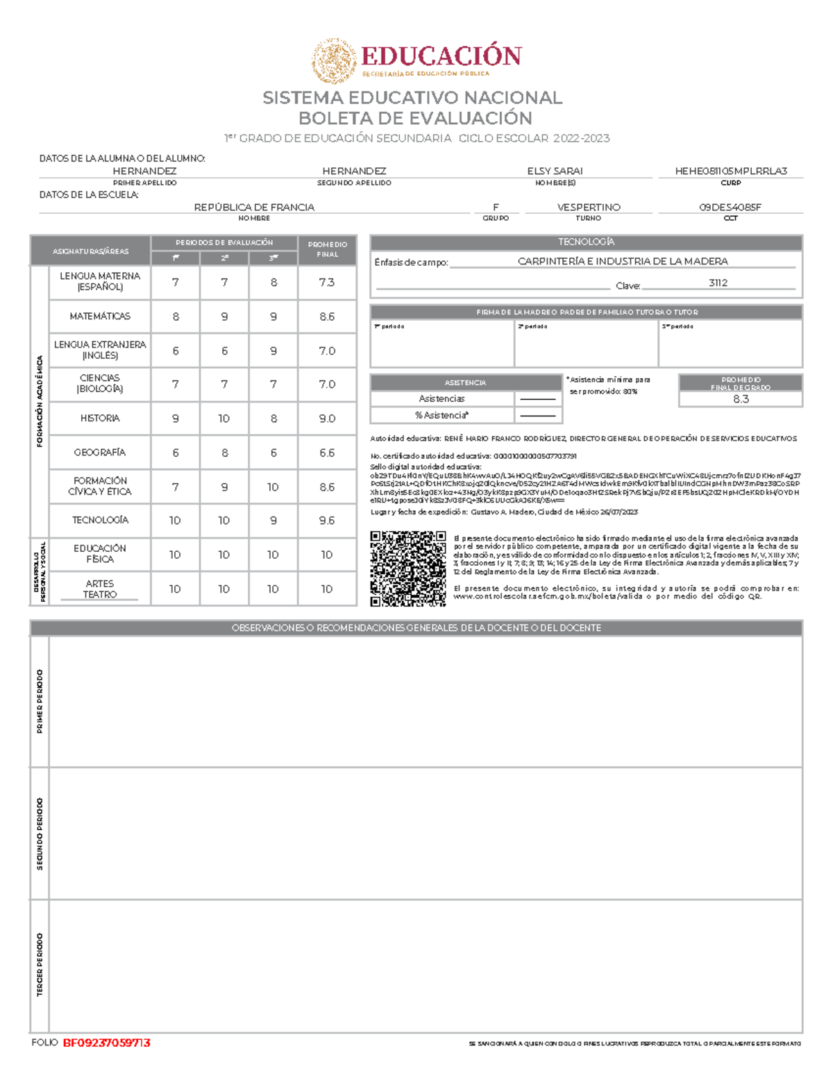 Boleta 2023 07 26 - Jdjk - SISTEMA EDUCATIVO NACIONAL BOLETA DE ...