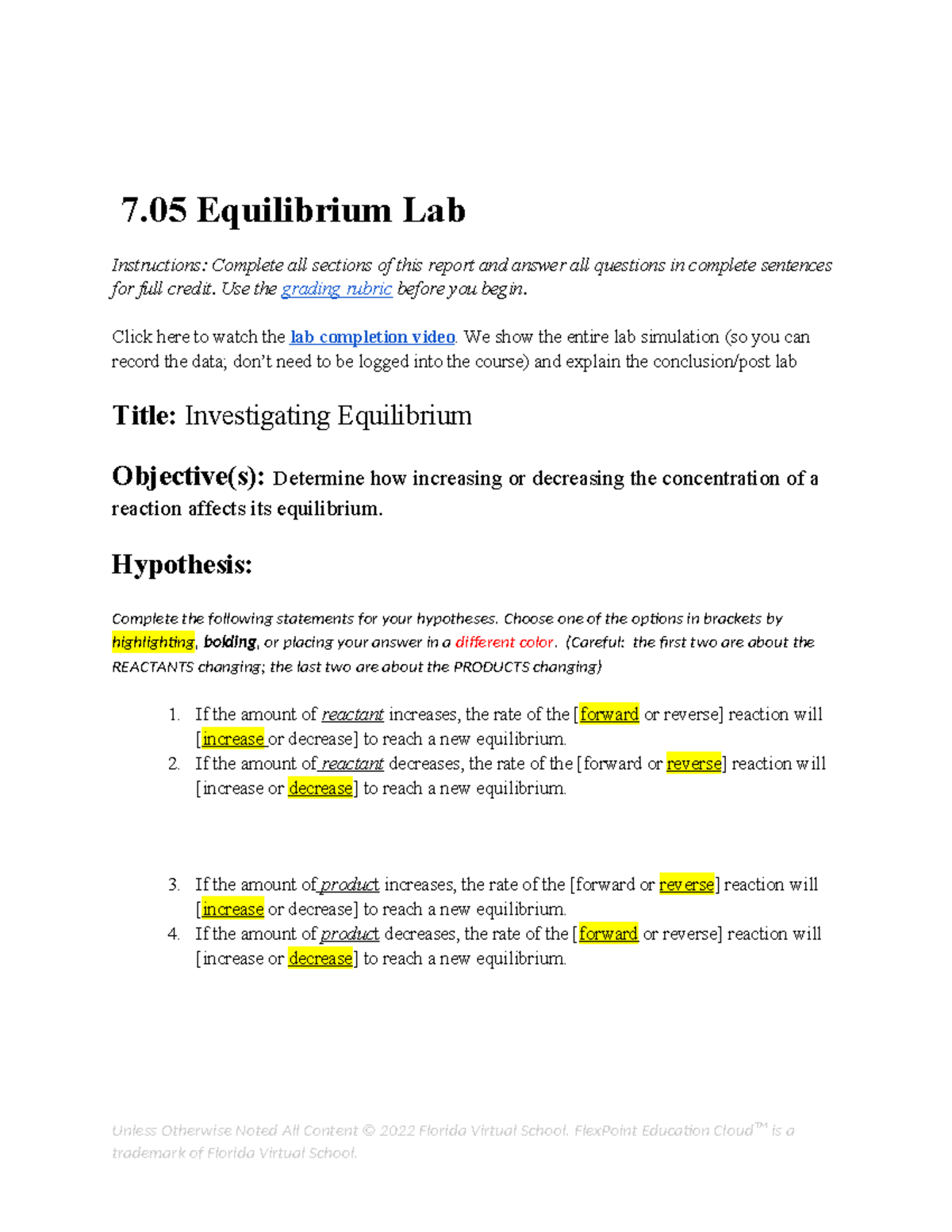 7.05 Equilibrium - 7 Equilibrium Lab Instructions: Complete all ...