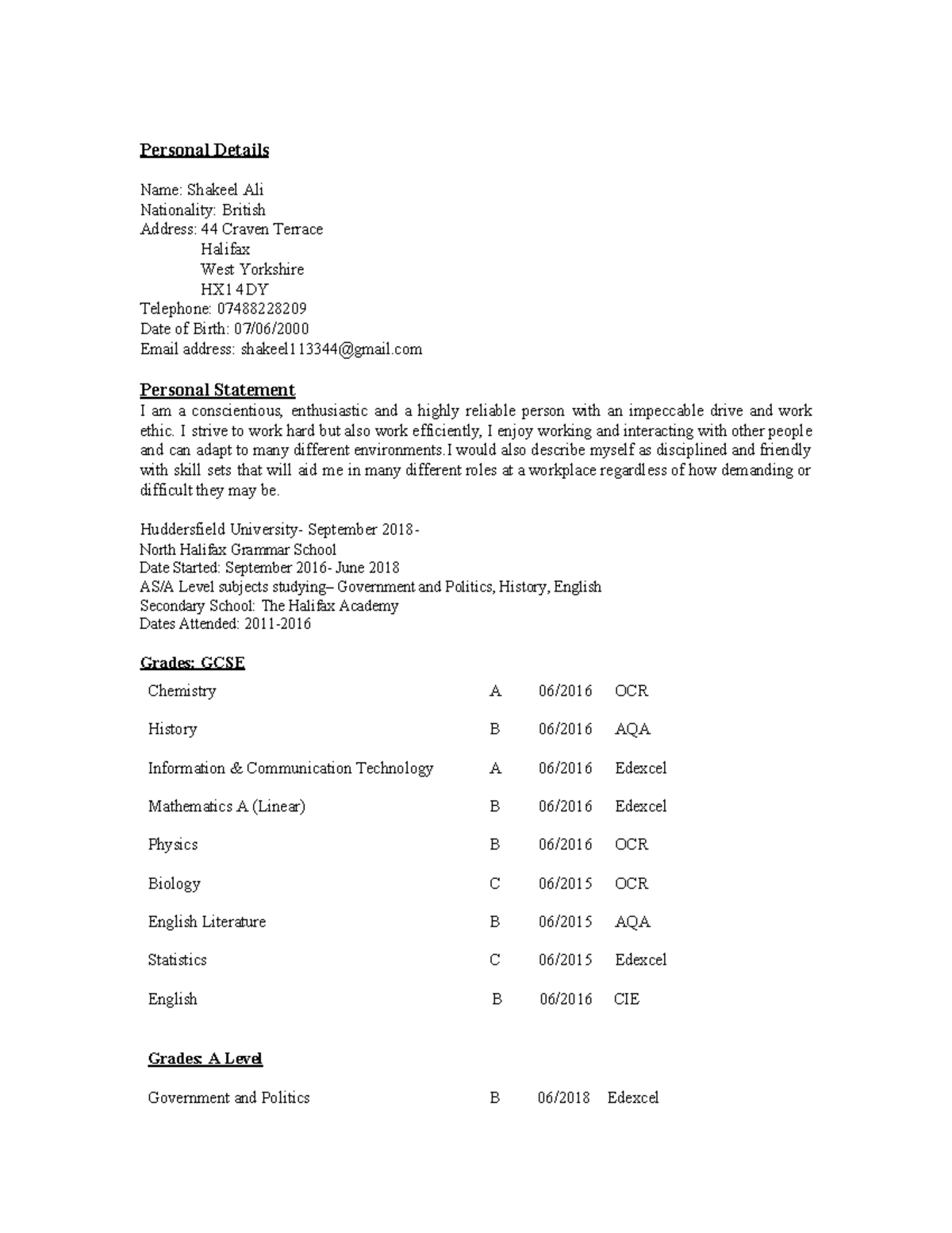 CV shakeel ali 2 - Cv help - Personal Details Name: Shakeel Ali ...