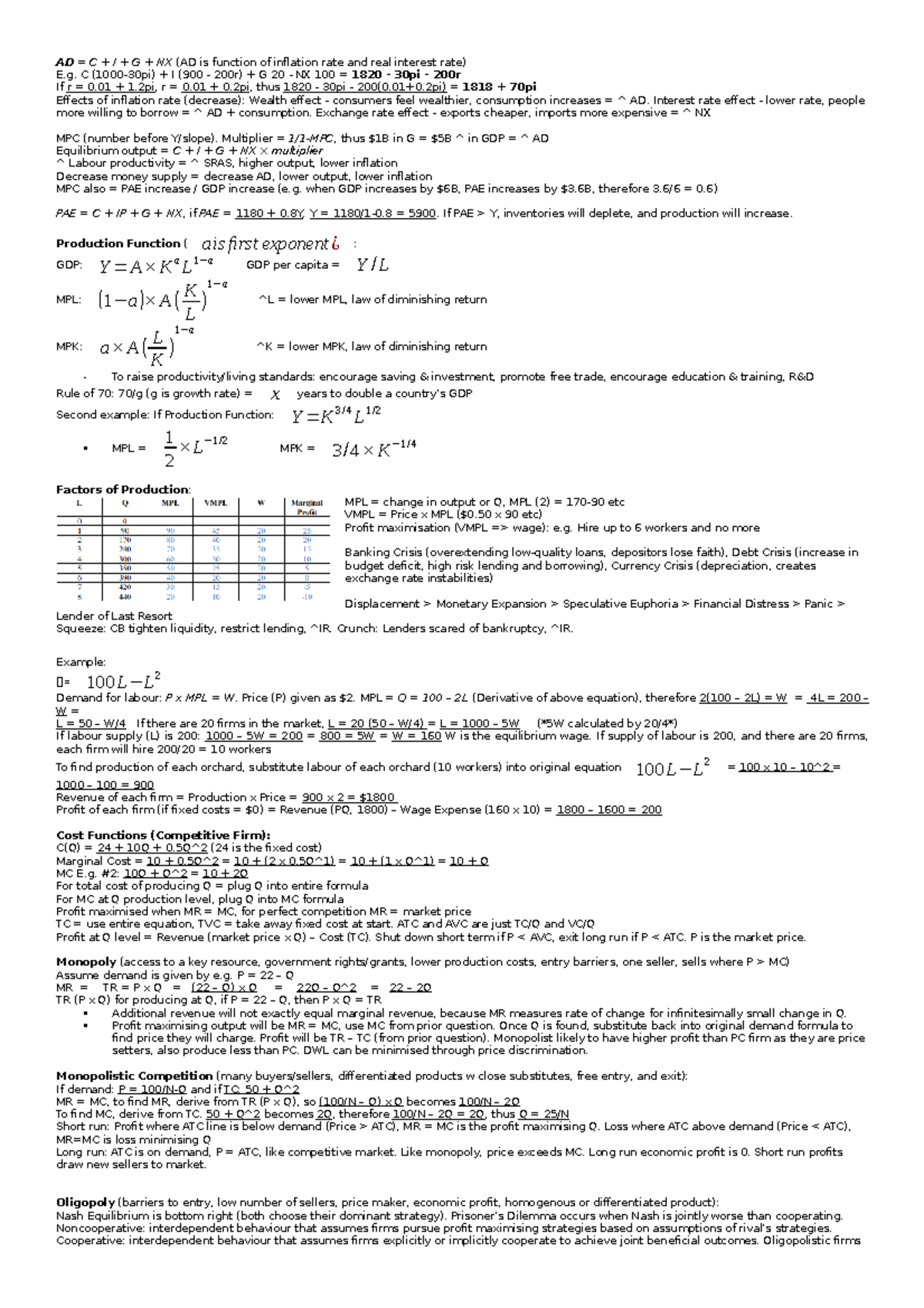 Eco 2 Revision - Final exam one page sheet that covers all important ...