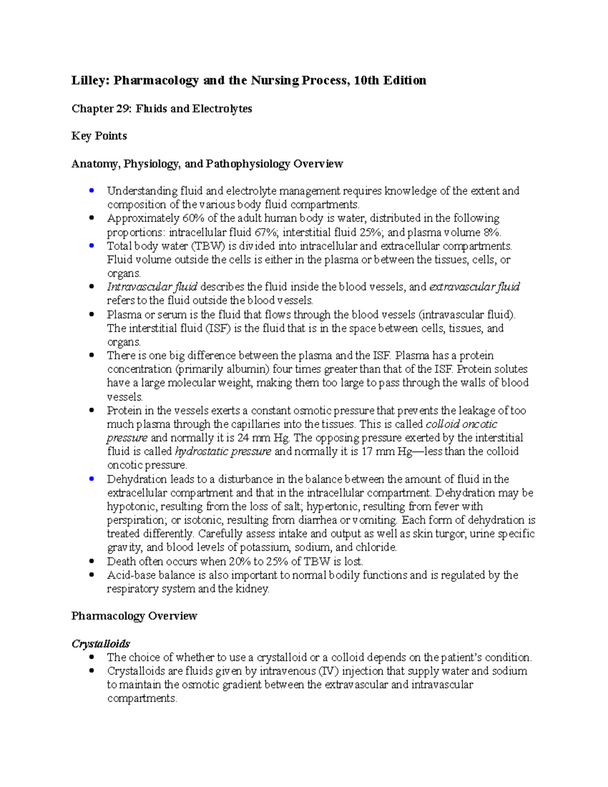 Chapter 29 - Fluid and Electrolytes (Pharm Book) - Lilley: Pharmacology ...