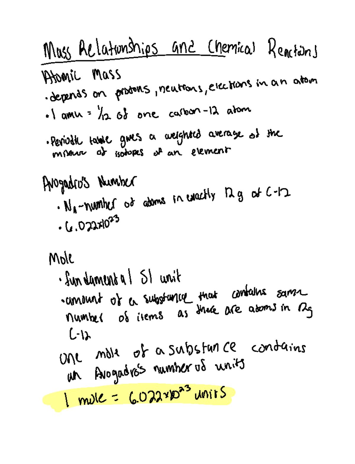 Chem chapter 3 notes - M Relationshipsandchemical Reactions Atomic Mass ...