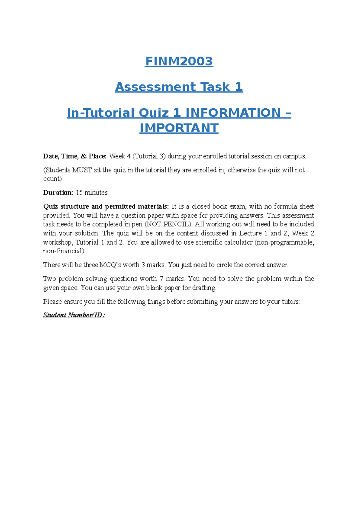 In-tutorial quiz 1 - instructions for quiz 1 - FINM Assessment Task 1 ...