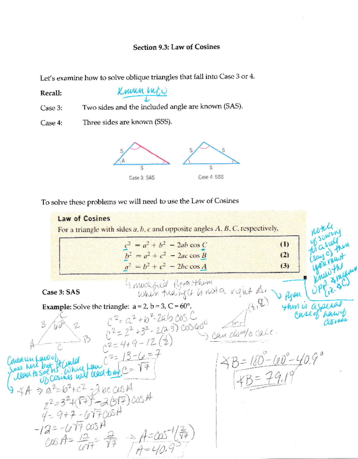 Law of Cosine Lecture - Section 9: Law of Cosines Let's examine how to ...