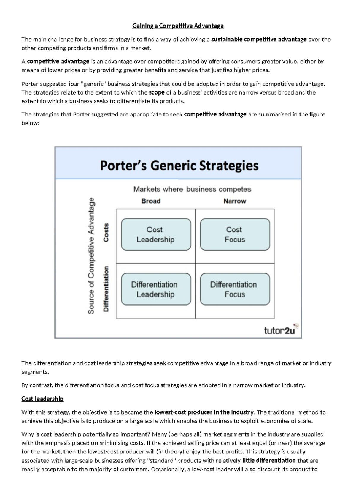 Porter's Generic Strategy - Gaining a Competitive Advantage The main ...