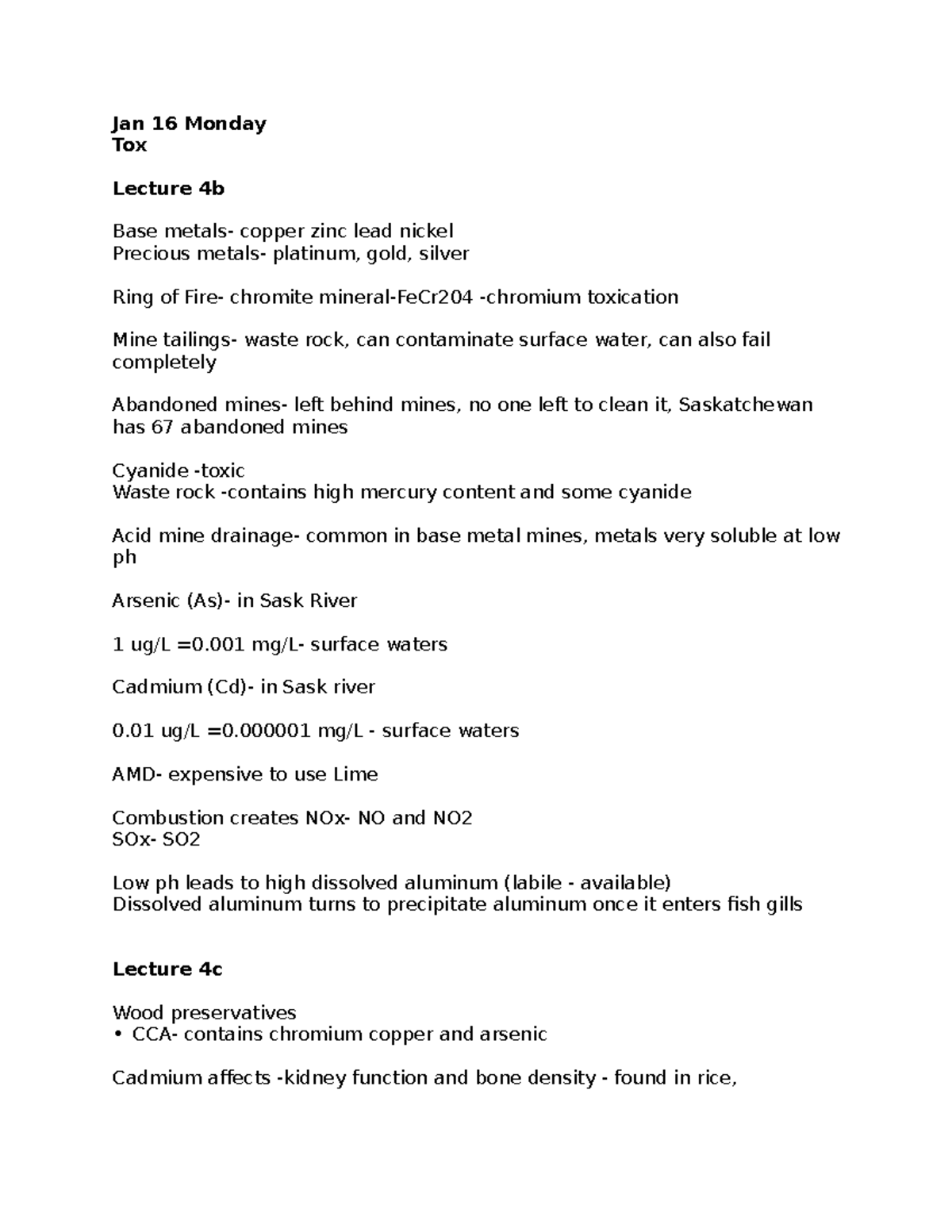 Tox module 4 notes - Jan 16 Monday Tox Lecture 4b Base metals- copper ...