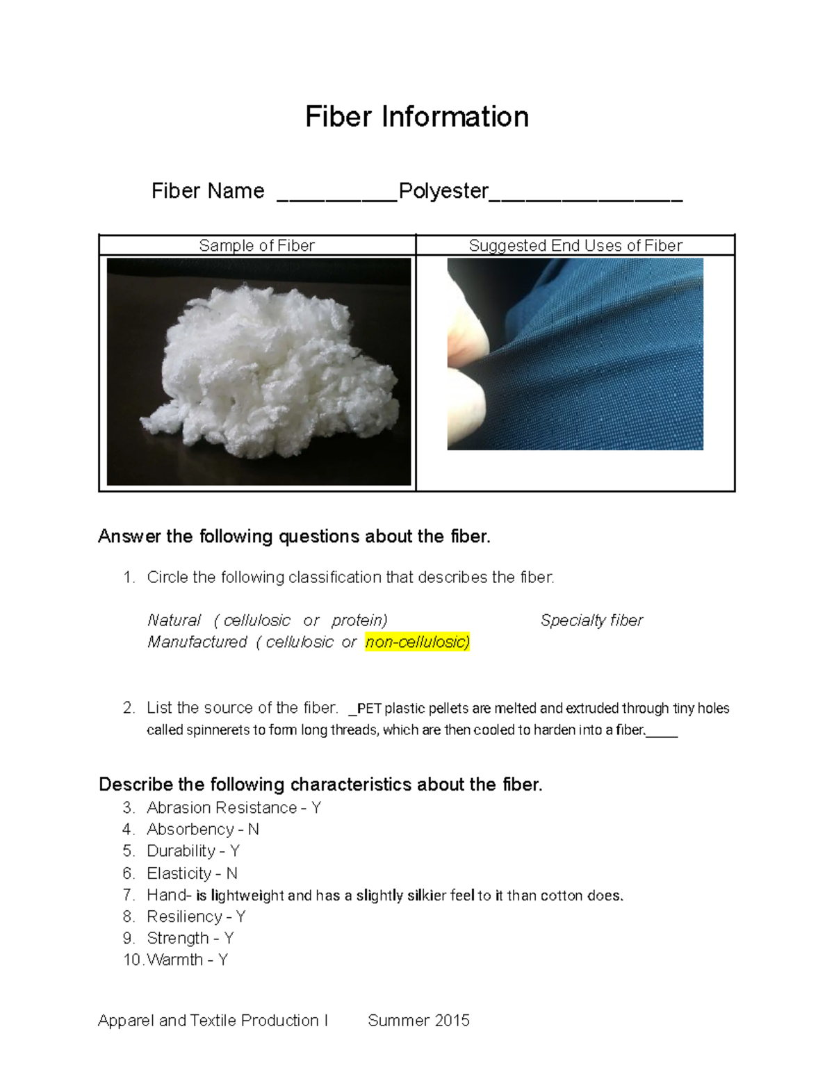 Copy of Fiber Information Handout - Fiber Name Polyester______ Sample ...
