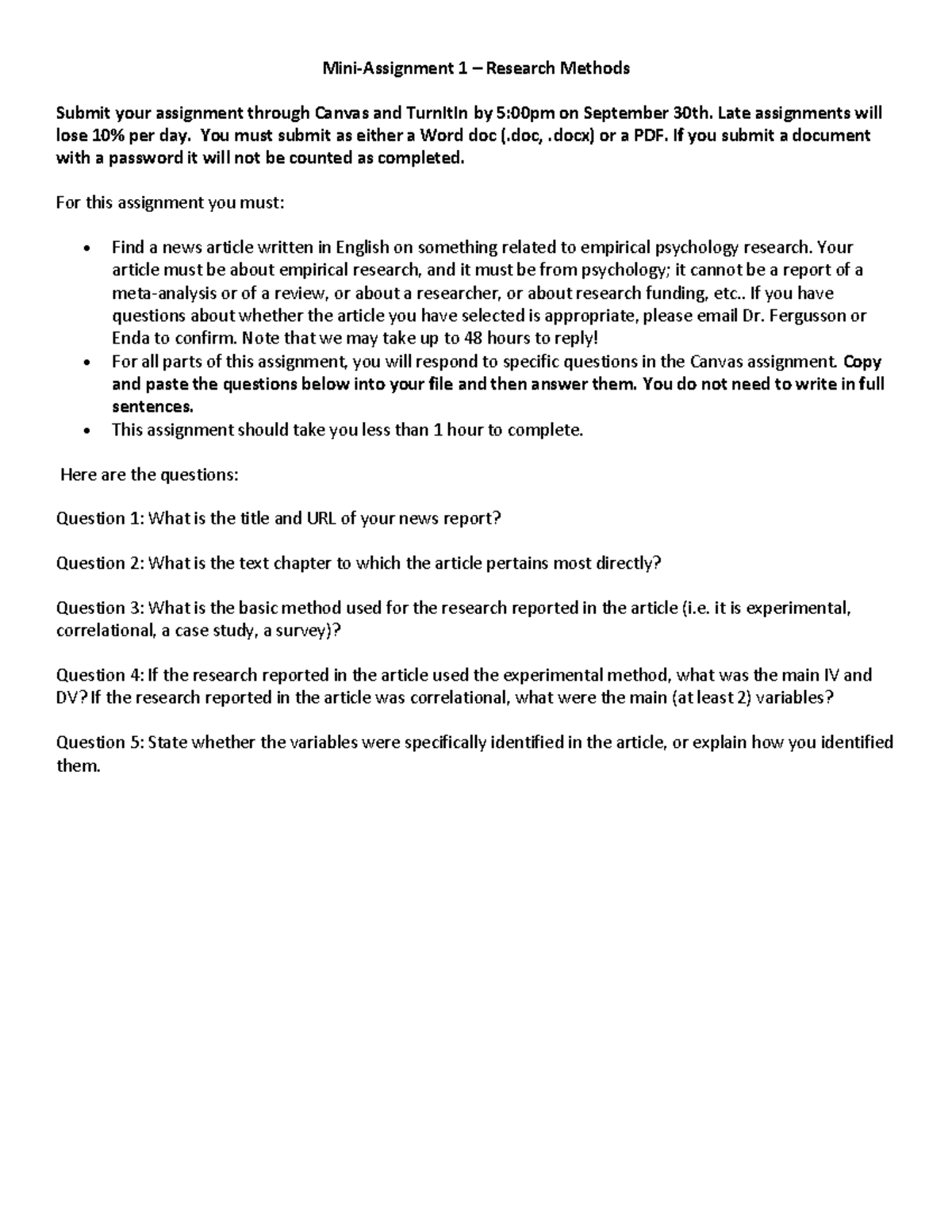 Mini-Assignment 1 -psych 101 given by the instrcutor - Mini-Assignment 1 – Research Methods ...