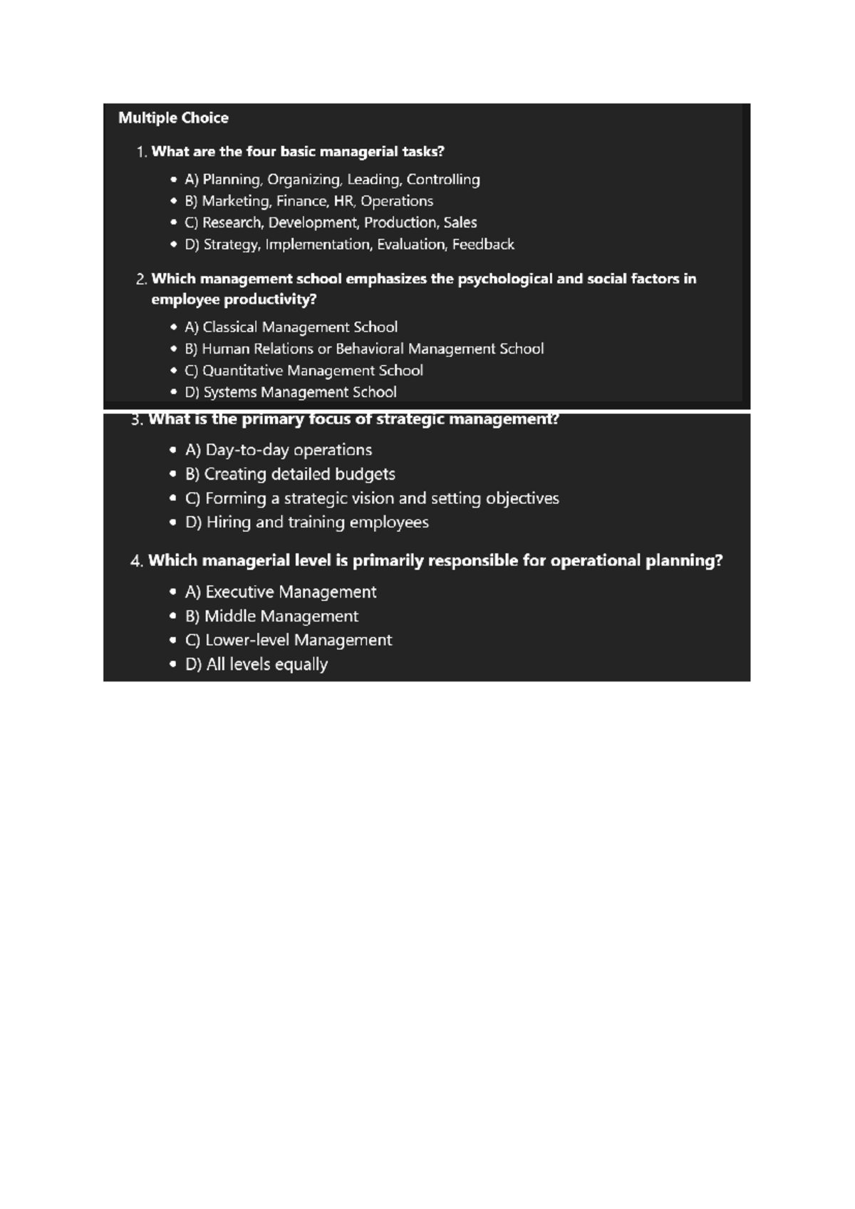 EB Practice 1 - Multiple Choice 1. What are the four basic managerial ...