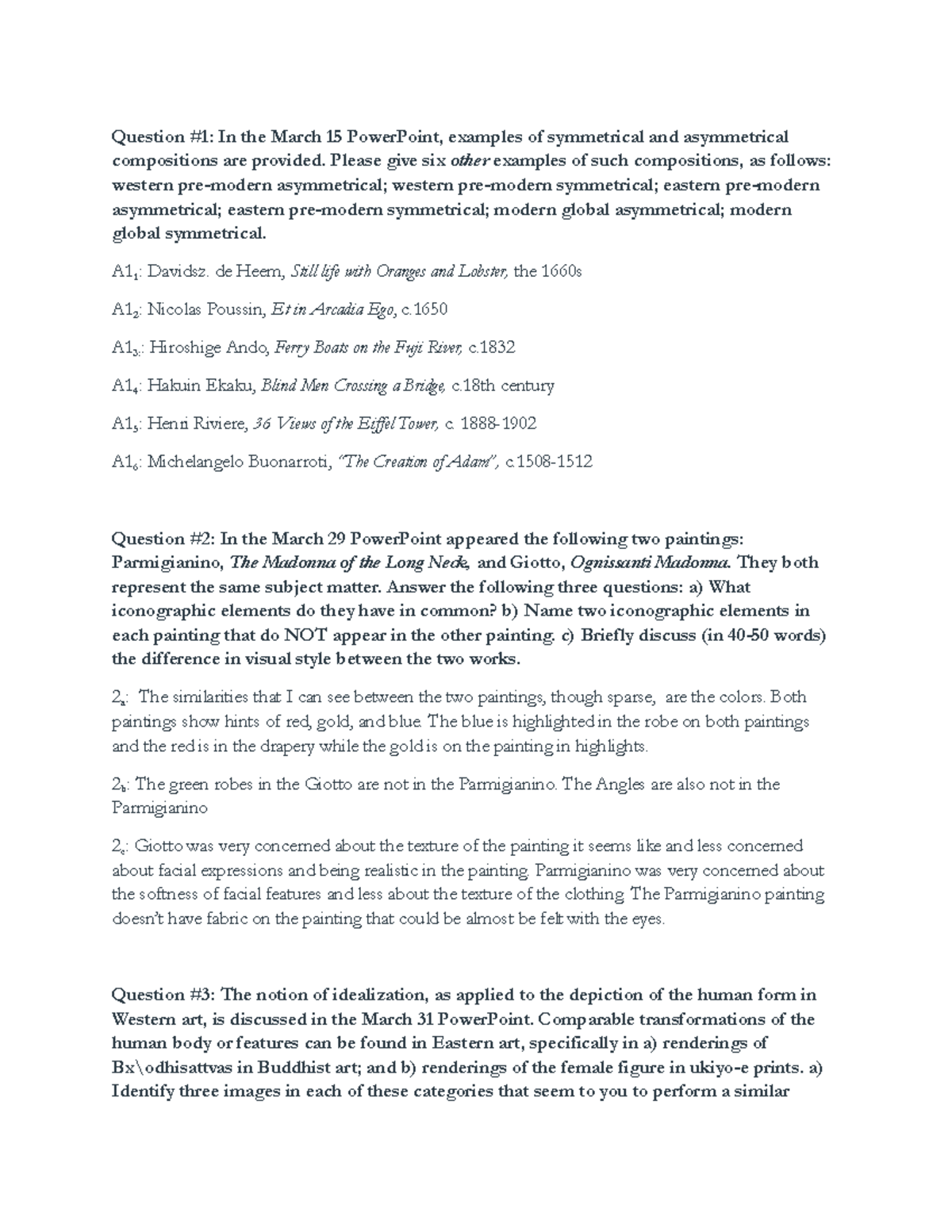 Art History 100 Final Example - Question #1: In the March 15 PowerPoint ...