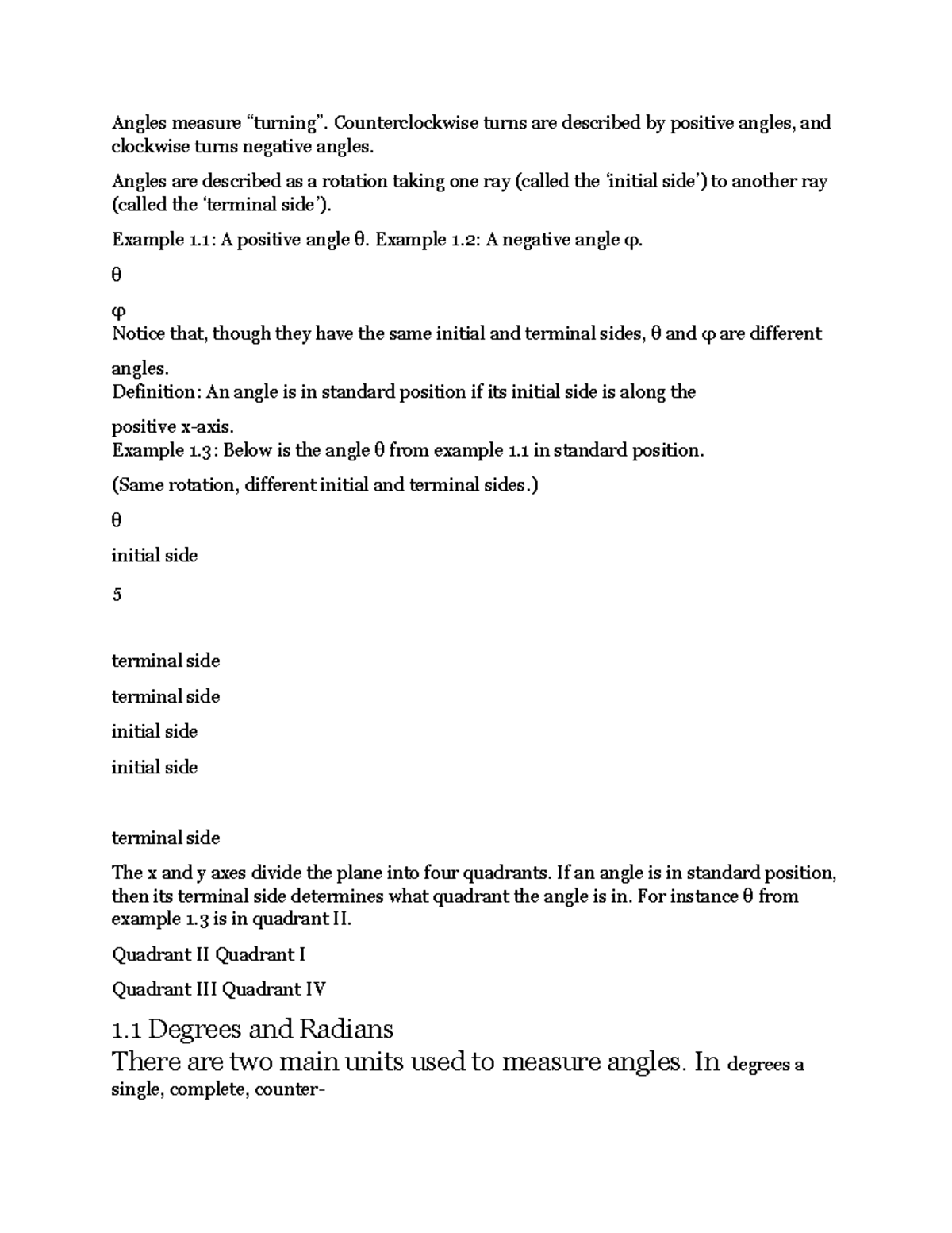 Trig notes 1 - Angles measure “turning”. Counterclockwise turns are ...