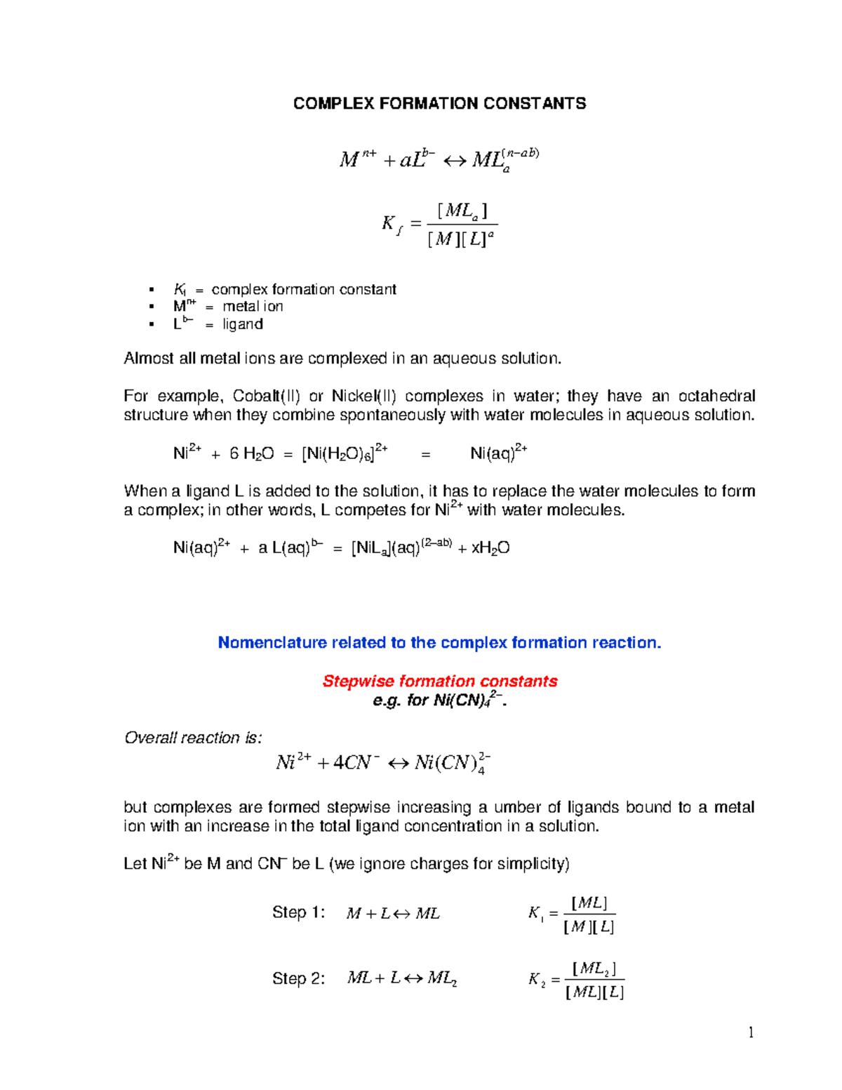 4 Kf, Ksp and MBE Click UP - COMPLEX FORMATION CONSTANTS ( n ab ) a n b ...