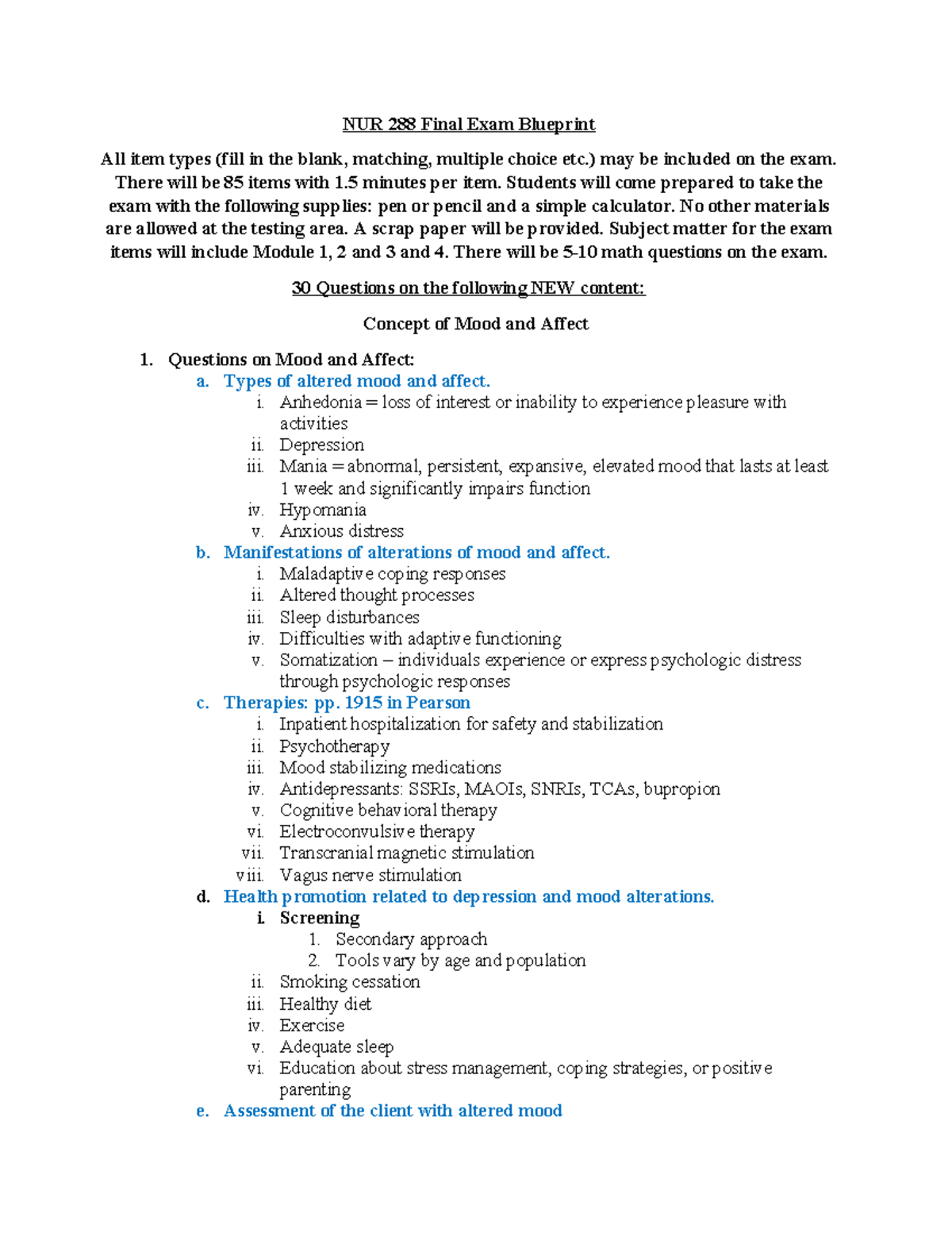 Exam 4 (Final Exam) Blueprint - NUR 288 Final Exam Blueprint All item ...