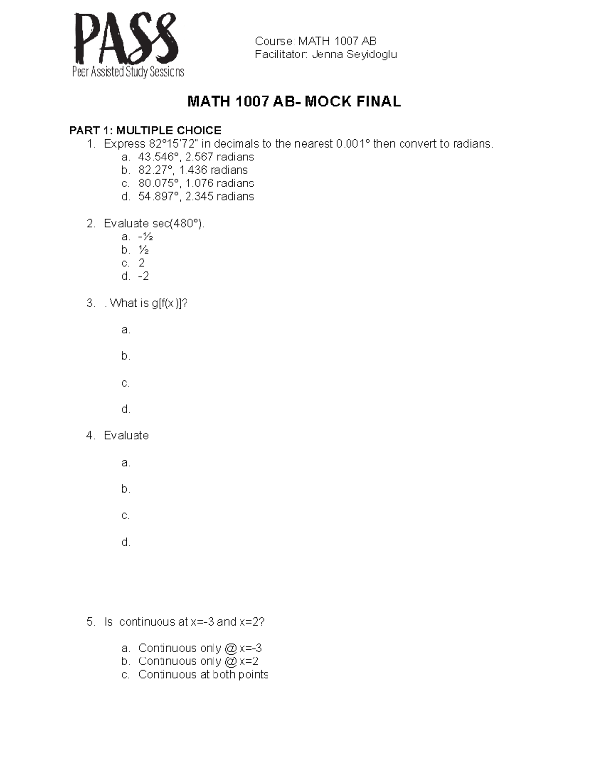 MATH 1007 AB- Mock Final - Facilitator: Jenna Seyidoglu MATH 1007 AB ...