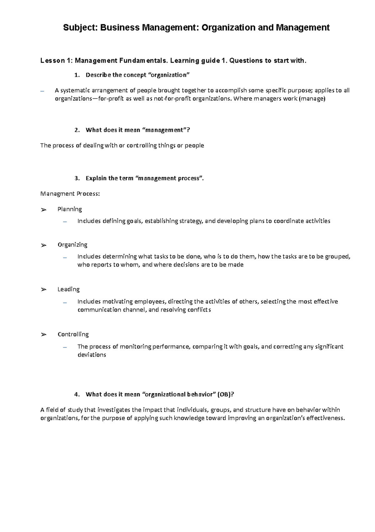 Lesson 1 Learning guide, BUSINESS MANAGEMENT (curso 1, cuatri 2 ...