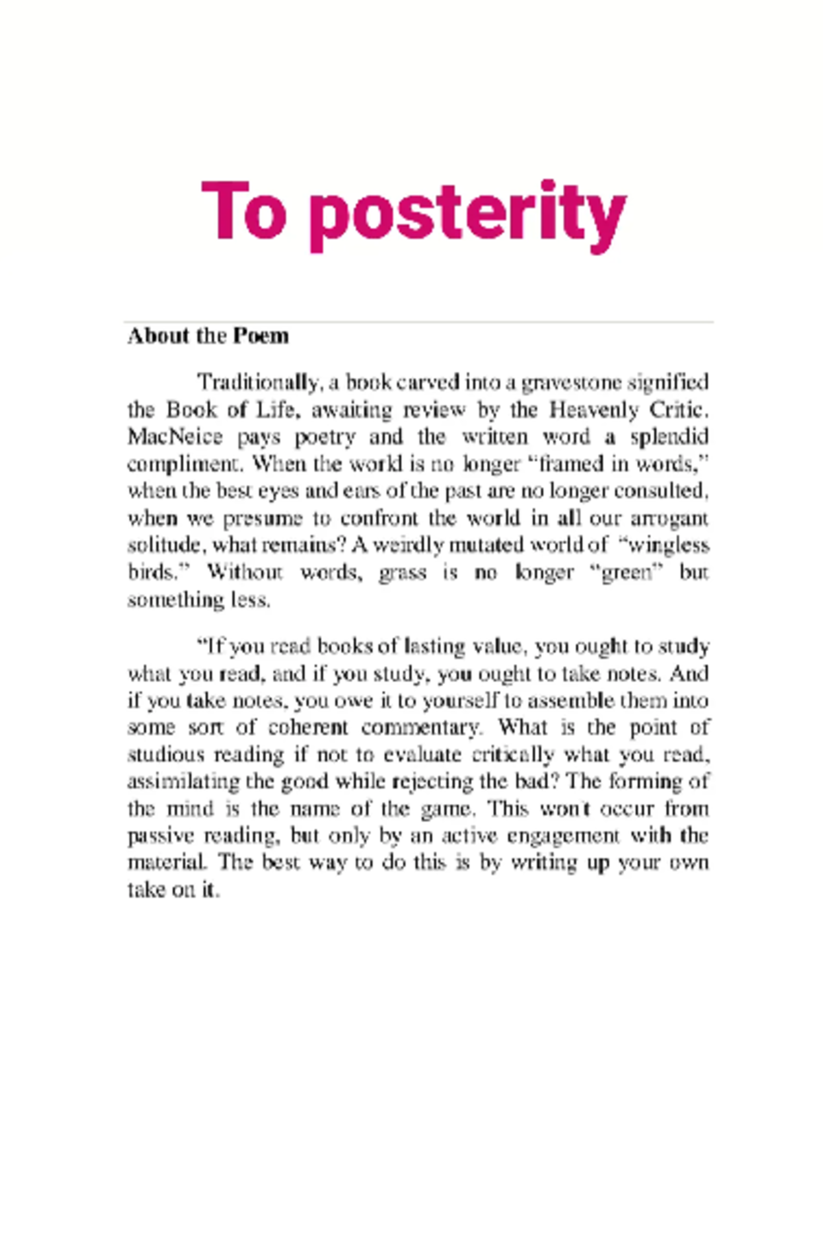 To posterity - English Common course - Studocu