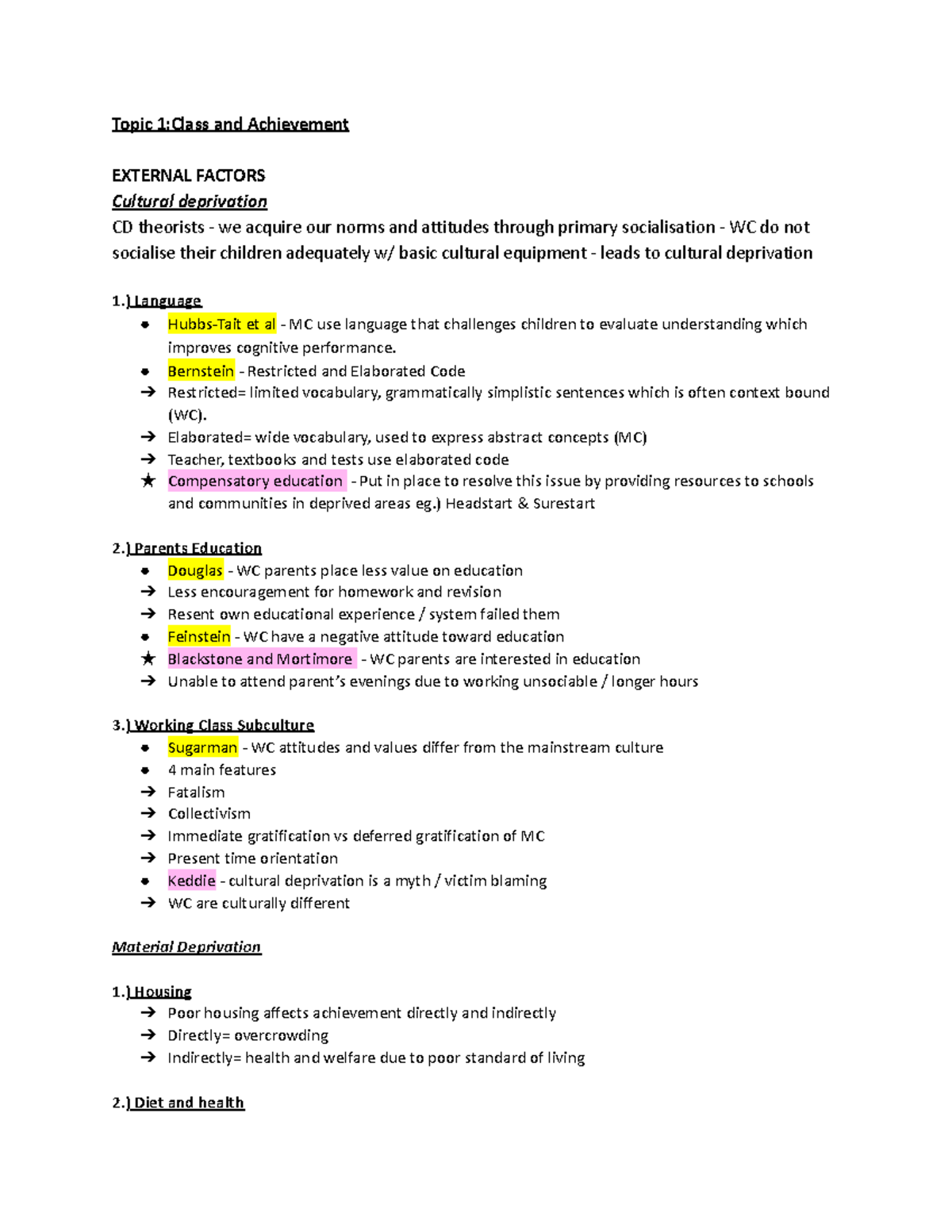 Condensed Sociology Education Notes - Topic 1:Class and Achievement ...