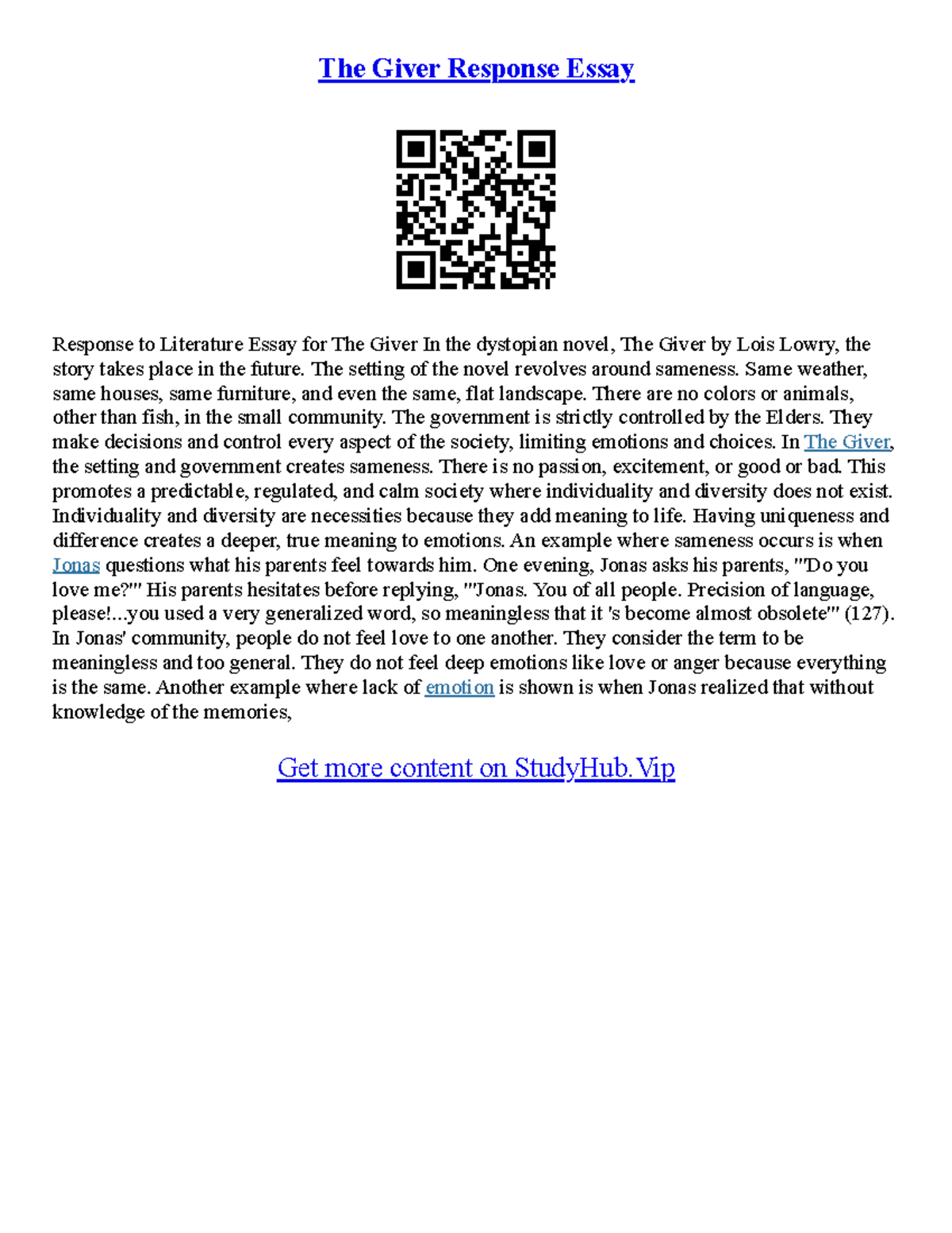 Response To Literature Essay - The Giver Response Essay Response to ...