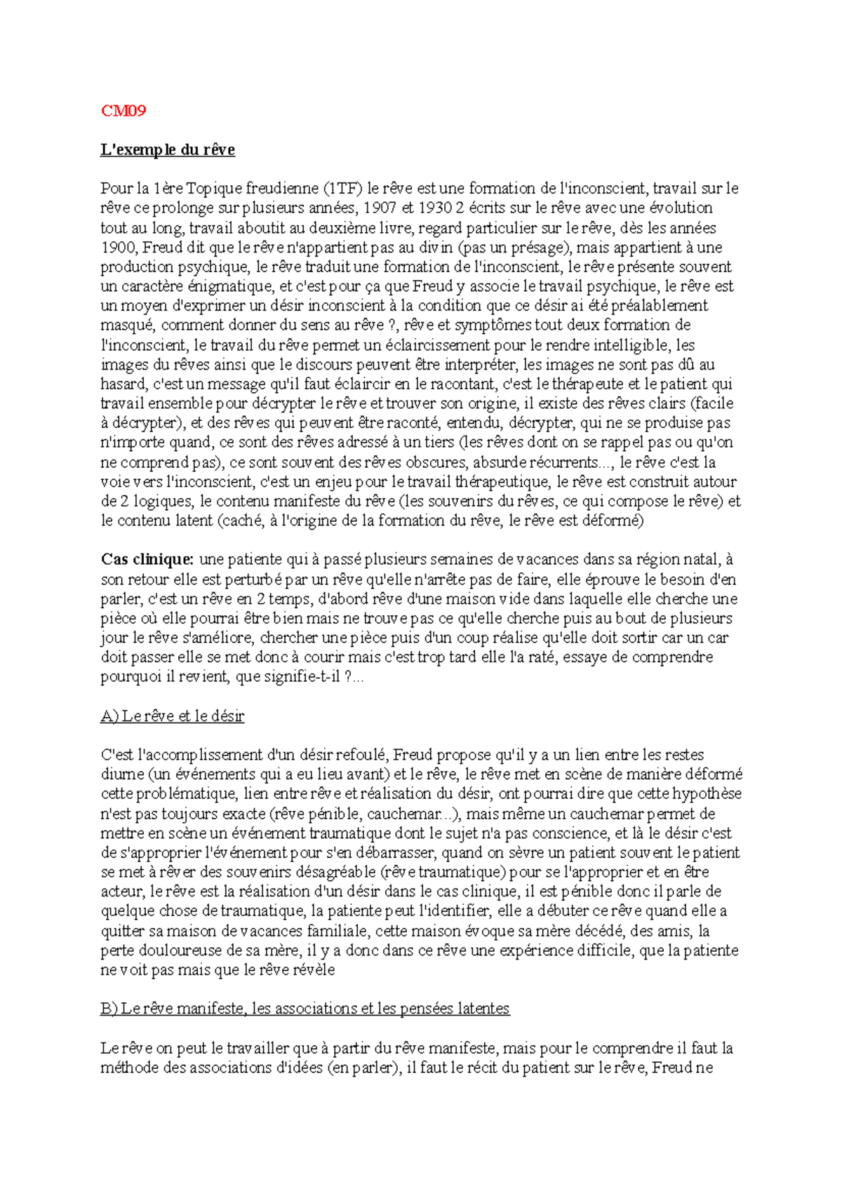 CM09 psycho clinique - Notes de cours 9 - CM L'exemple du rêve Pour la ...