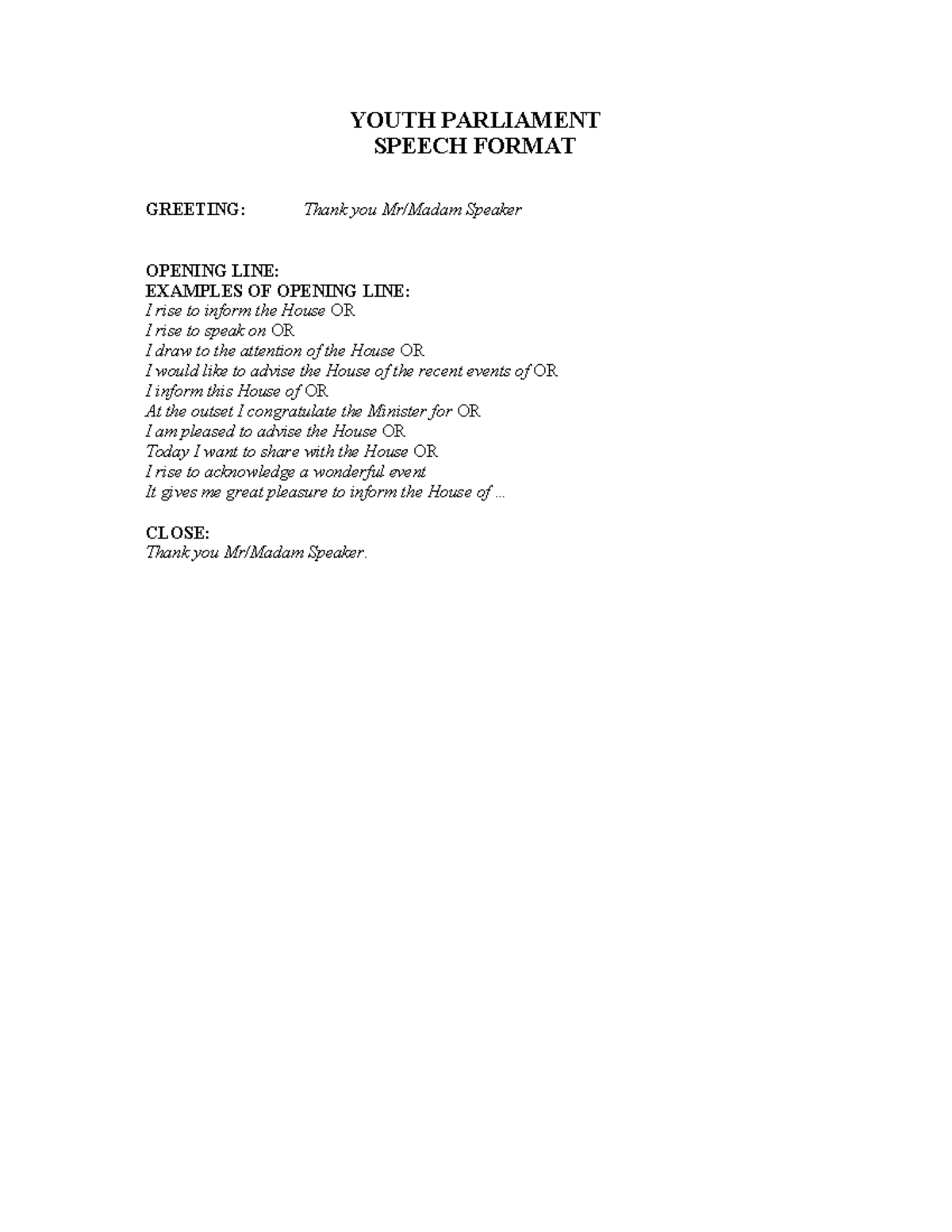 Speech template of parliamentary debate contest held by nuces - - Studocu