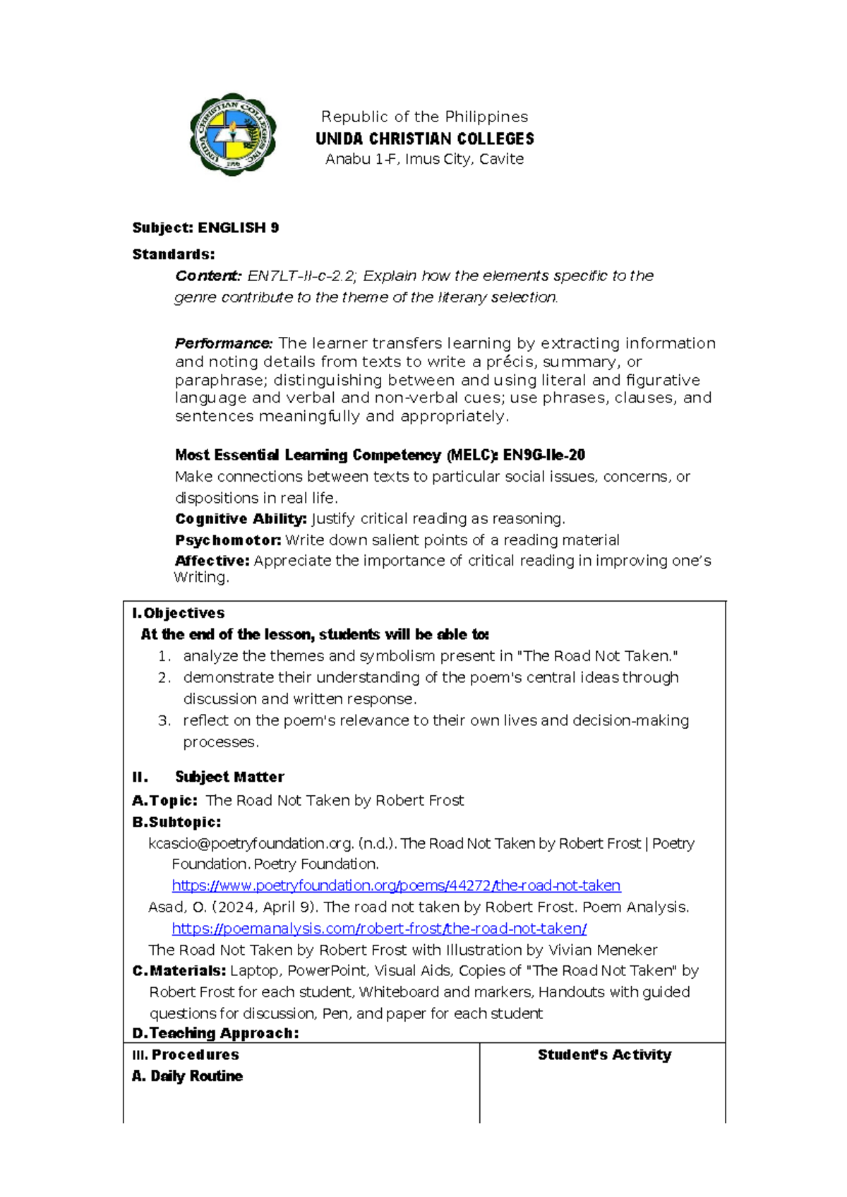 Aj Baleña - BSE - Detailed Lesson Plan Patricia - Republic of the Philippines UNIDA CHRISTIAN ...