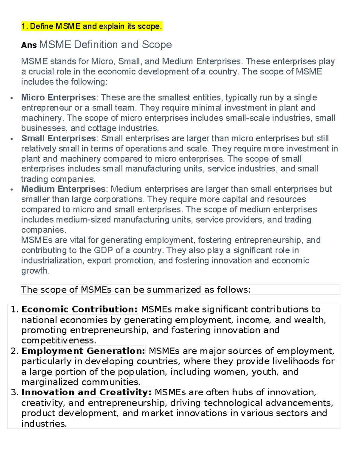 MGT OF SME & Family BUS - 12312 - 1. Define MSME and explain its scope ...